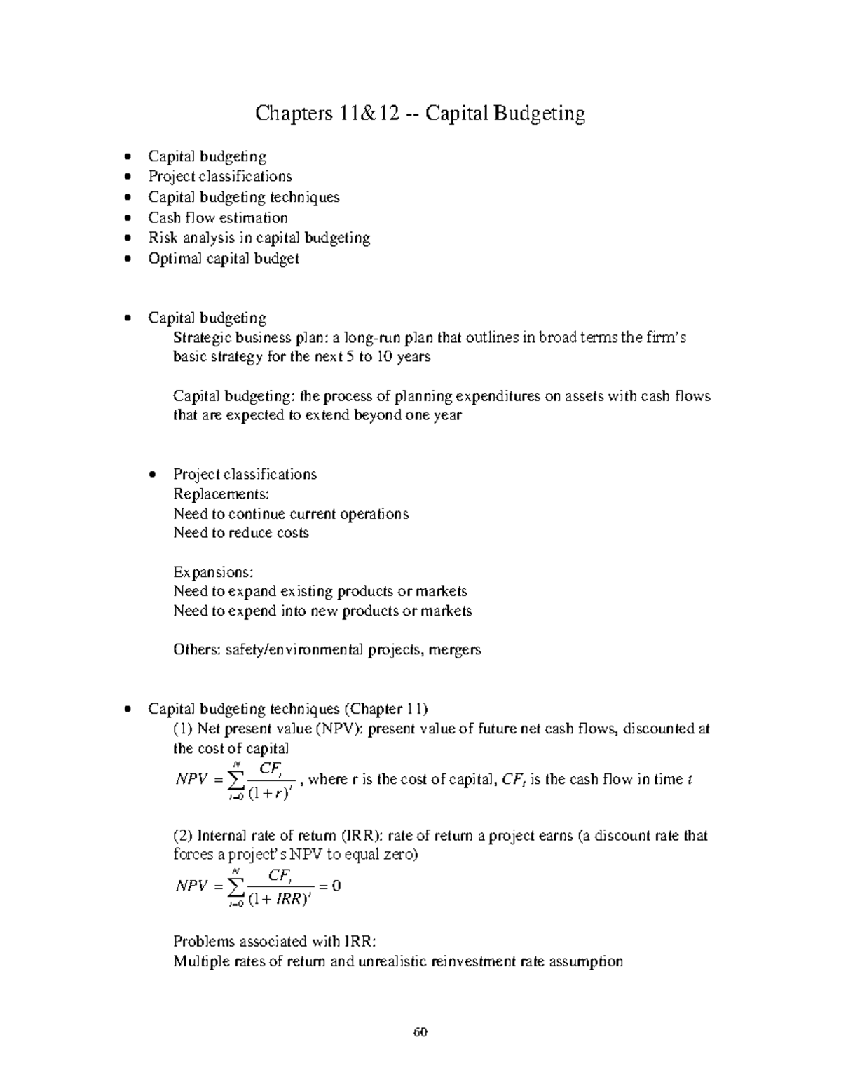 Lecture-Notes-Final - Final Exam - Chapters 11&12 - Capital Budgeting ...