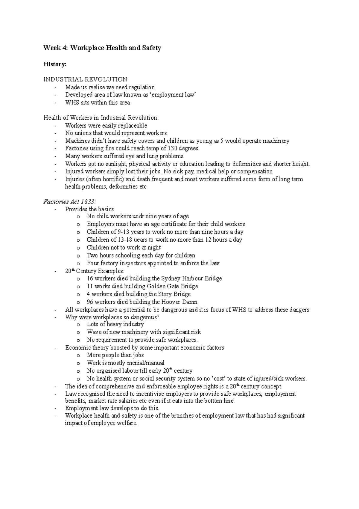 Exam Notes LLB142 - Week 4: Workplace Health and Safety History ...