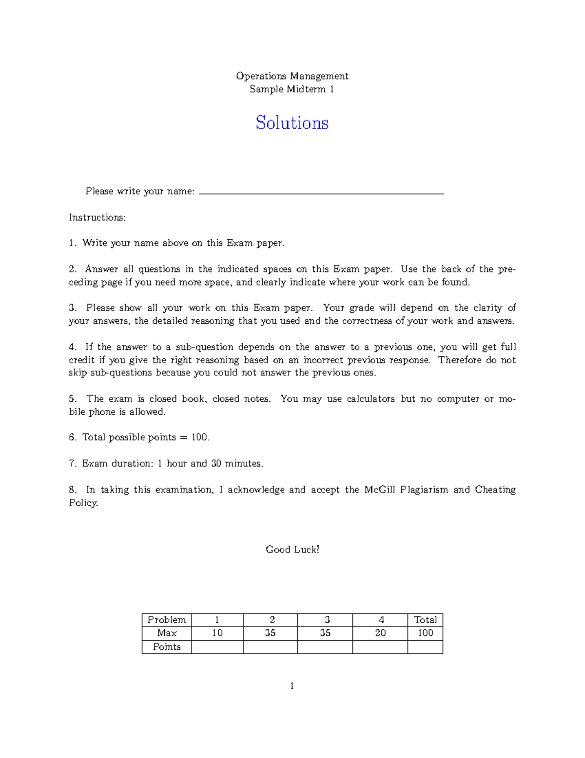 Midterm 1 Solutions - Operations Management Sample Midterm 1 Solutions ...