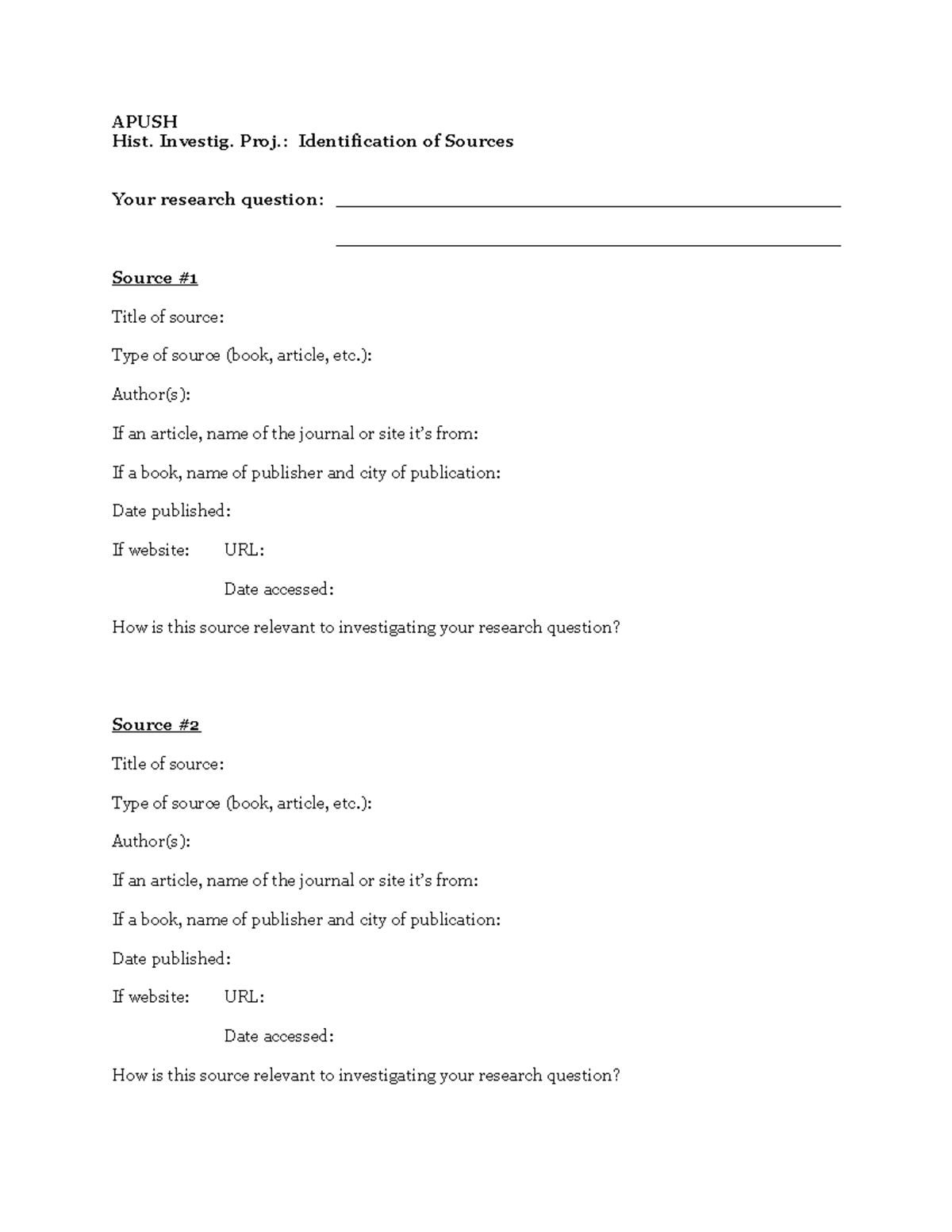 Identification of Sources worksheet - APUSH Hist. Investig. Proj ...
