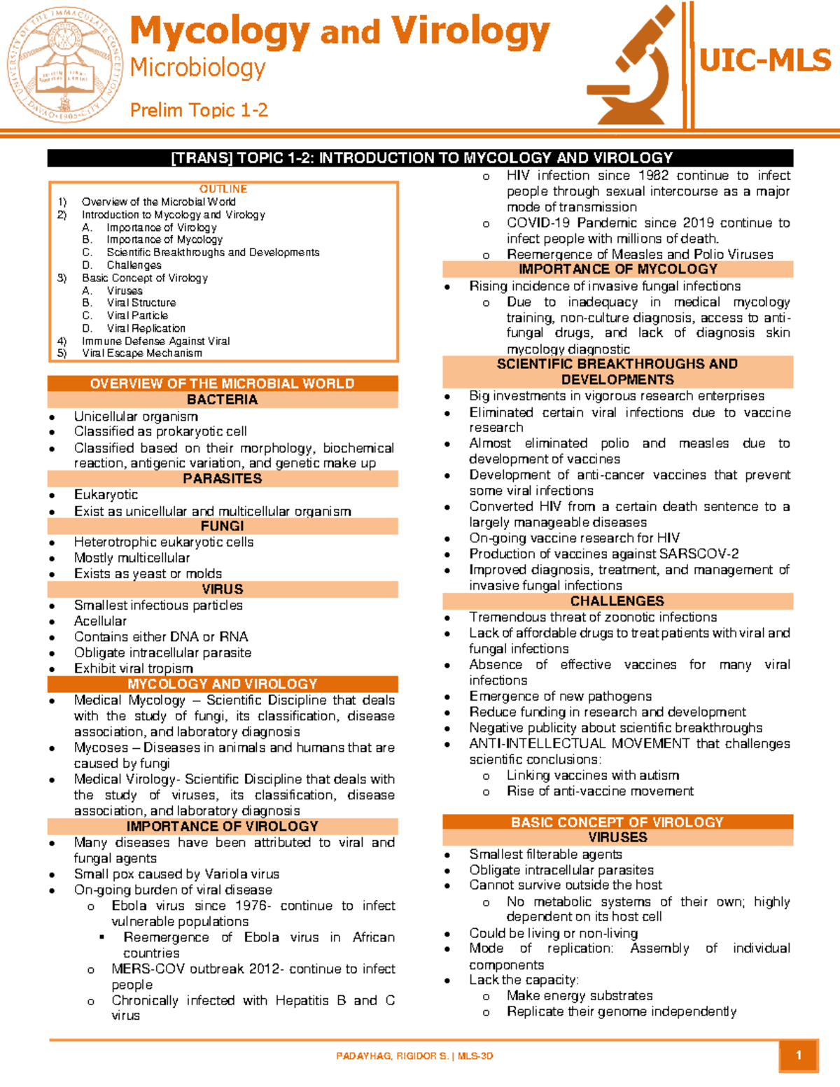 Prelim Myco Viro Topic 1-2 Final - Prelim Topic 1- Microbiology UIC-MLS [TRANS] TOPIC 1-2: - Studocu