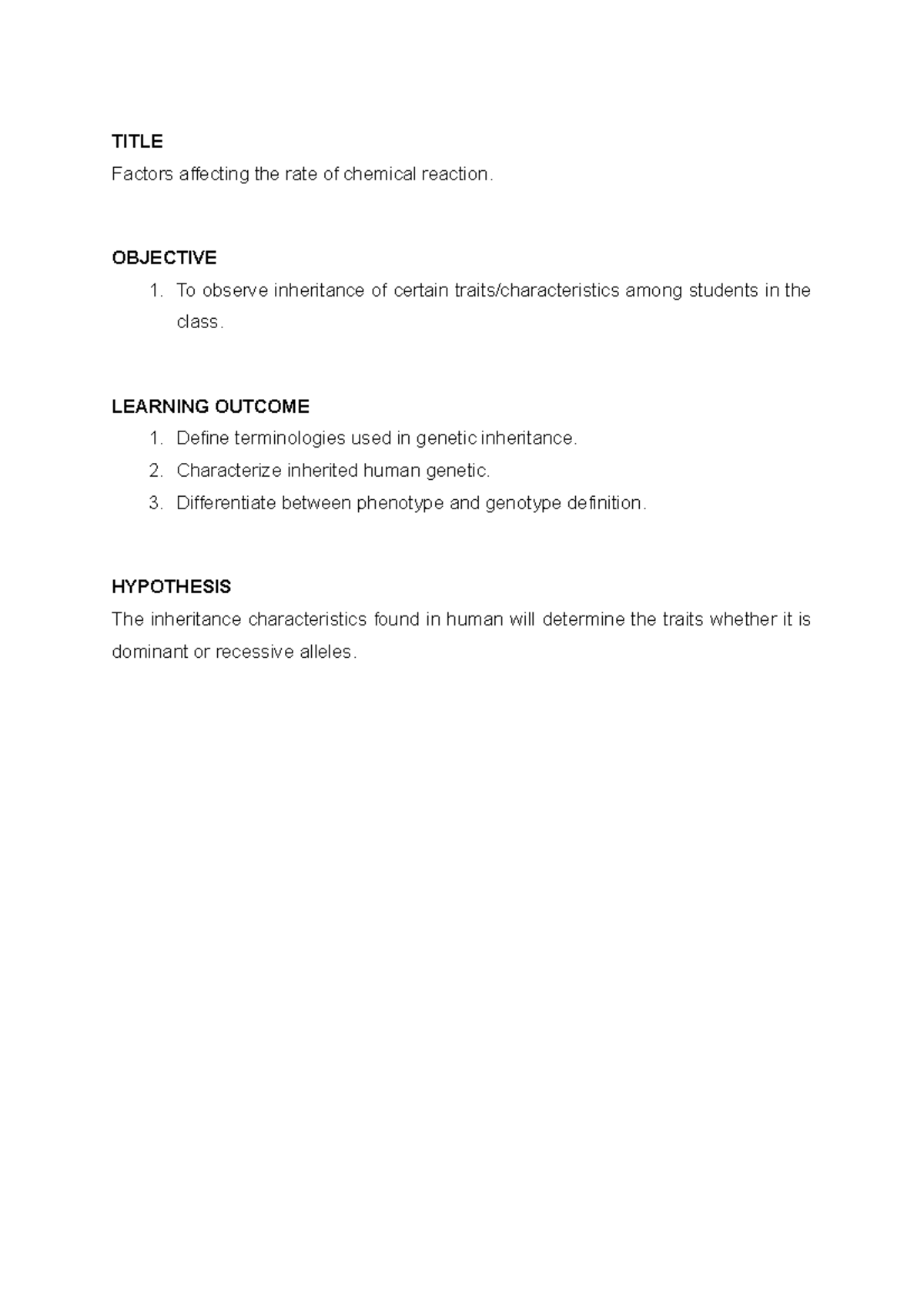 lab report - Inheritance - Genes and heredity - UiTM - Studocu