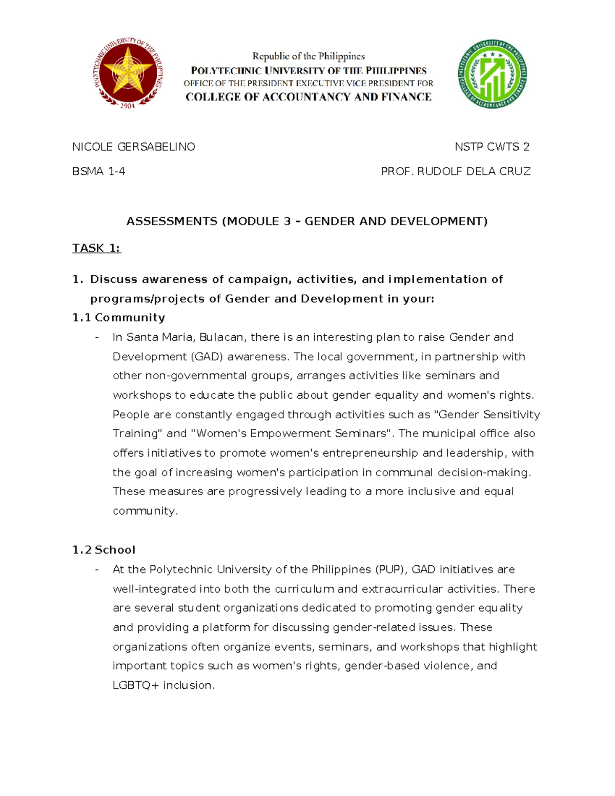 CWTS ACT 3 - fwefe - NICOLE GERSABELINO NSTP CWTS 2 BSMA 1-4 PROF ...