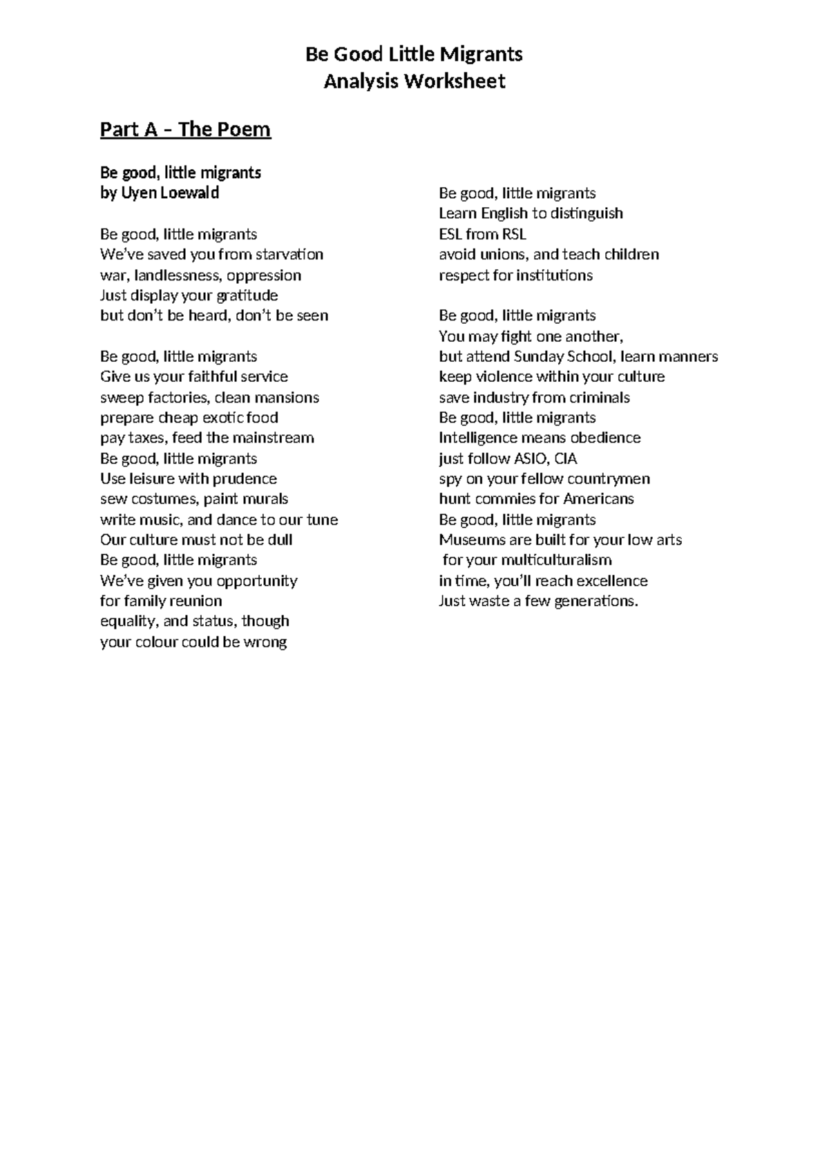 Be Good Little Migrants Analysis Worksheet - B. The Poet: Uyen Loewald ...