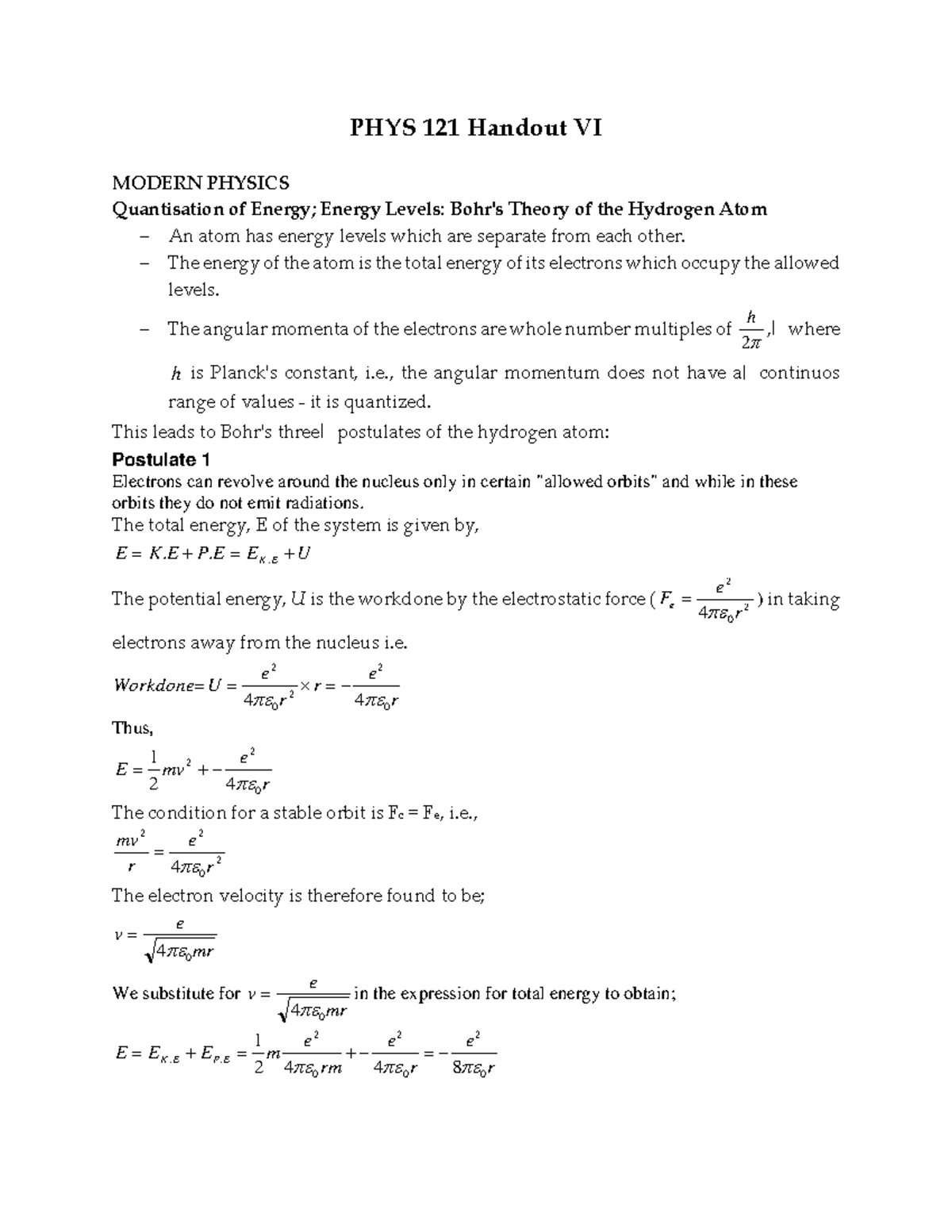 PHYS 121 Handout 6 - modern physics - PHYS 121 Handout VI ...