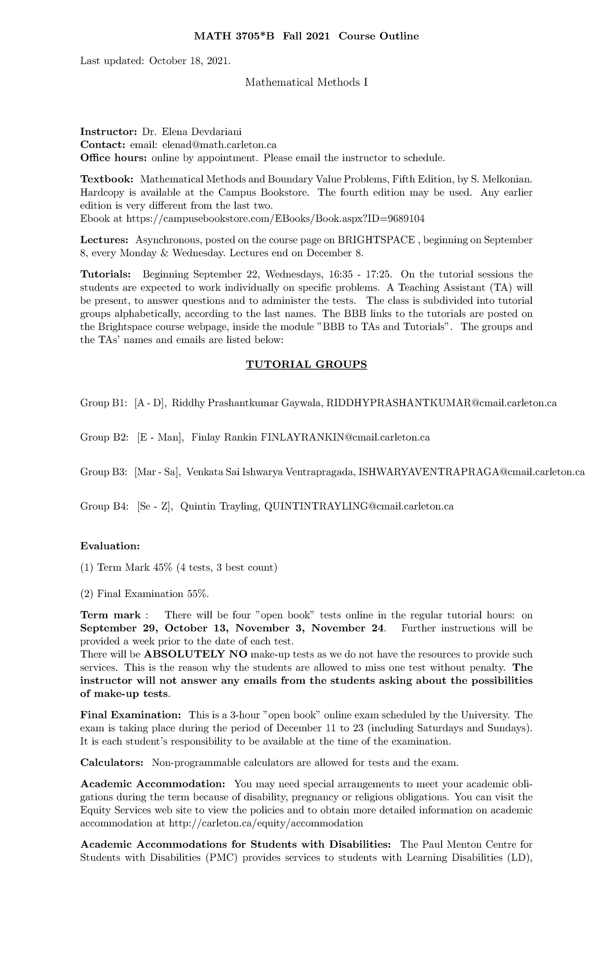 Outline MATH 3705 B Fall 21 - MATH 3705*B Fall 2021 Course Outline Last ...