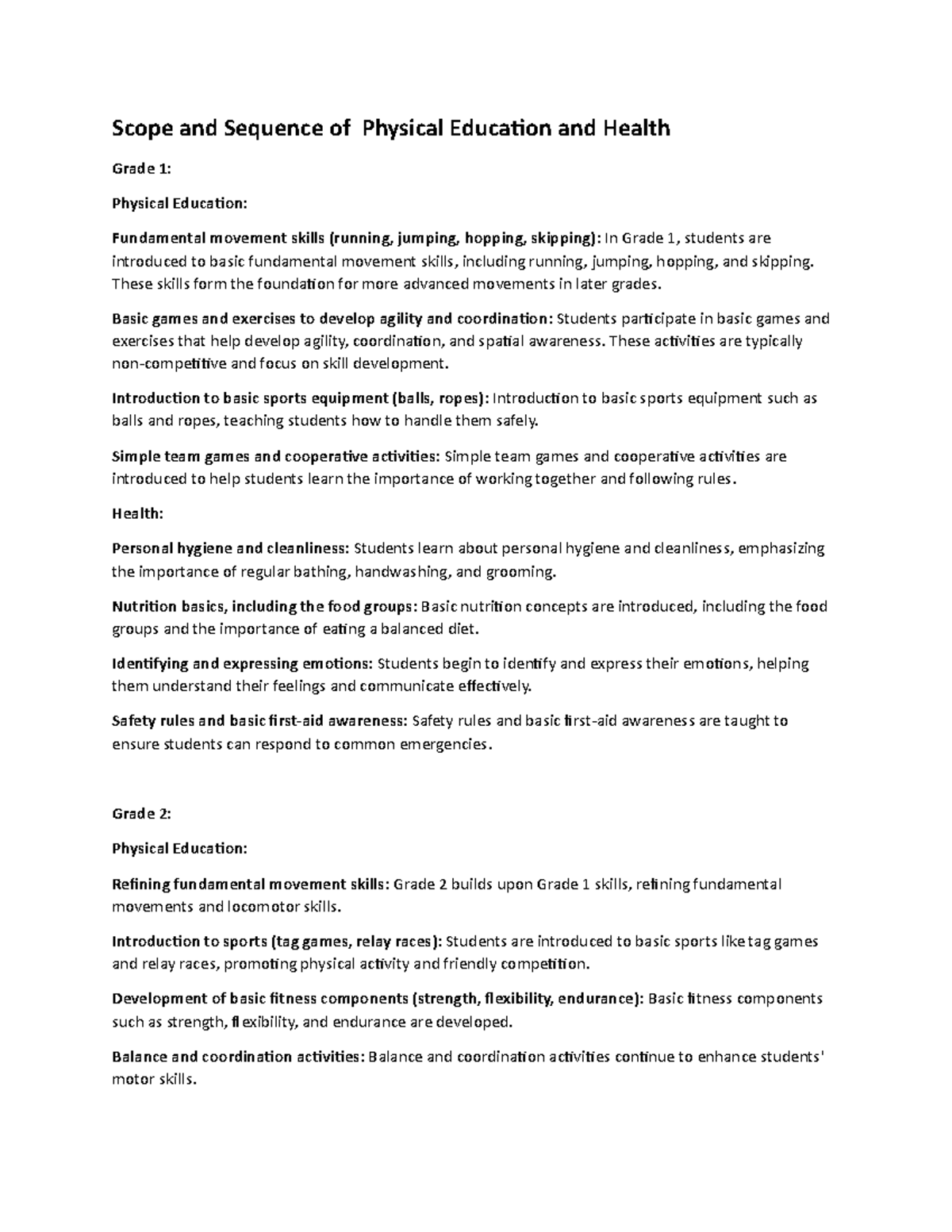 Scope AND Sequence IN PE Health - Scope and Sequence of Physical ...