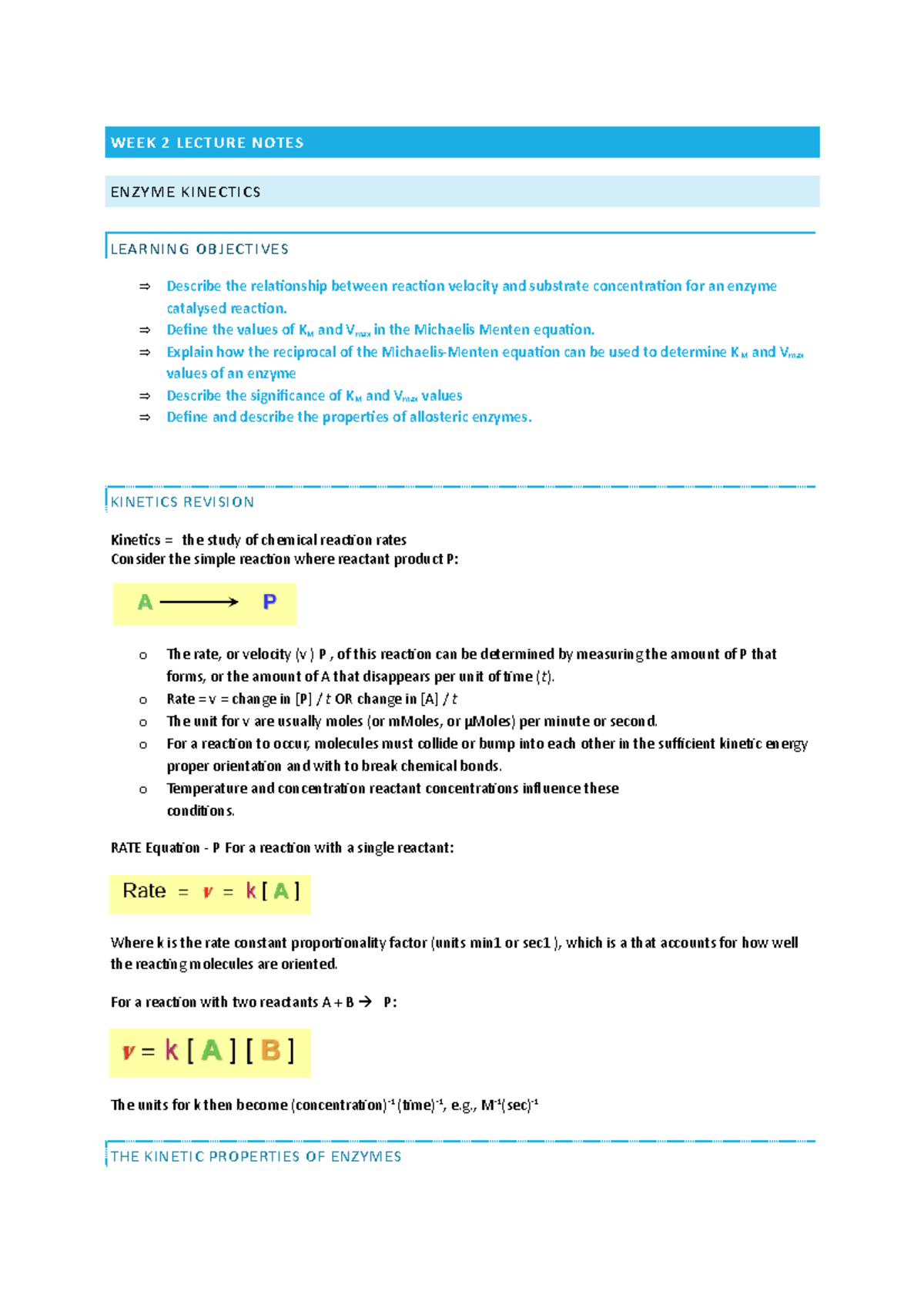 Week 2 Lecture Notes - WEEK 2 LECTURE NOTES ENZYME KINECTICS LEARNING ...