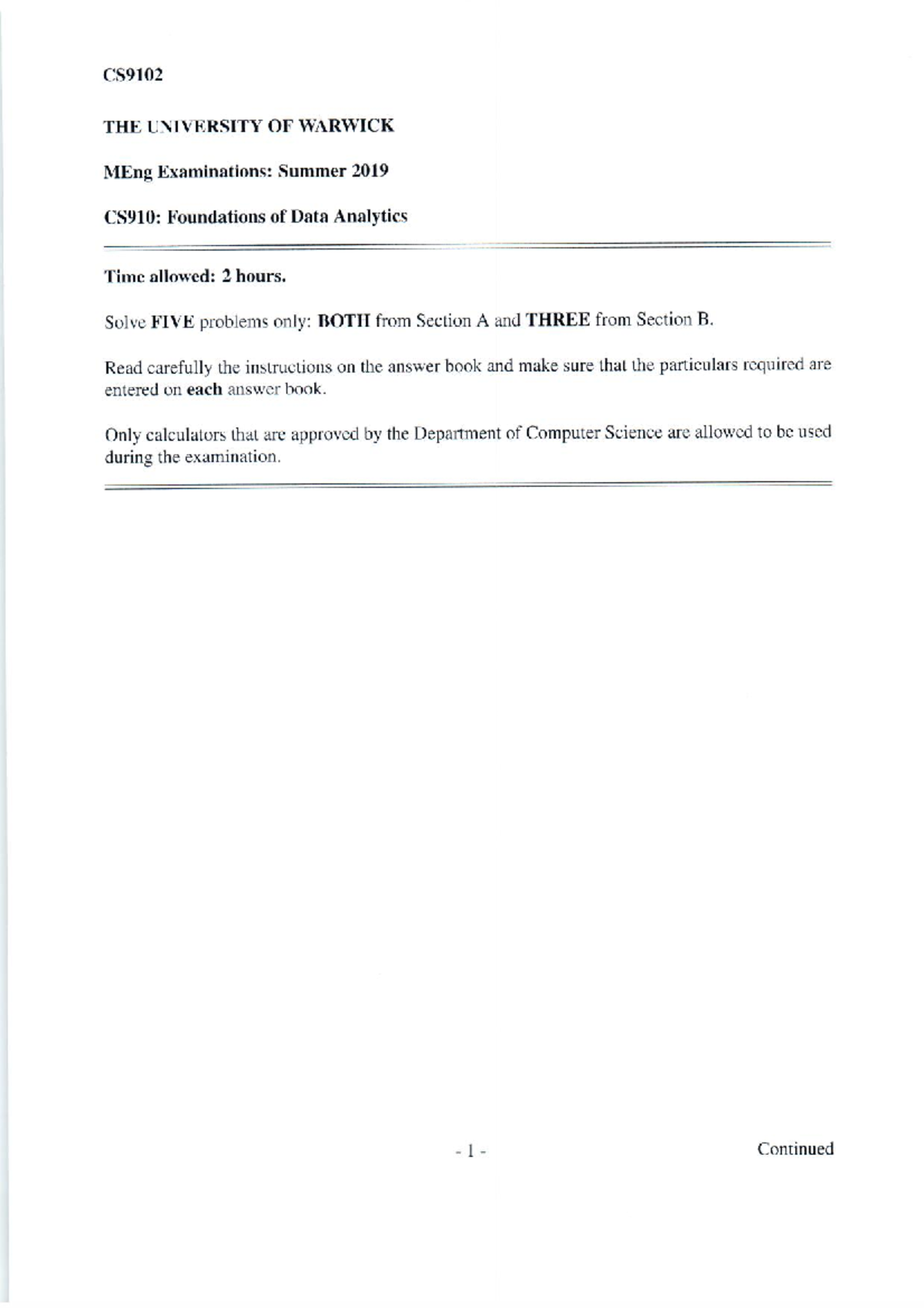 CS910 Foundations of Data Analytics: Practice Paper - CS910 - Studocu