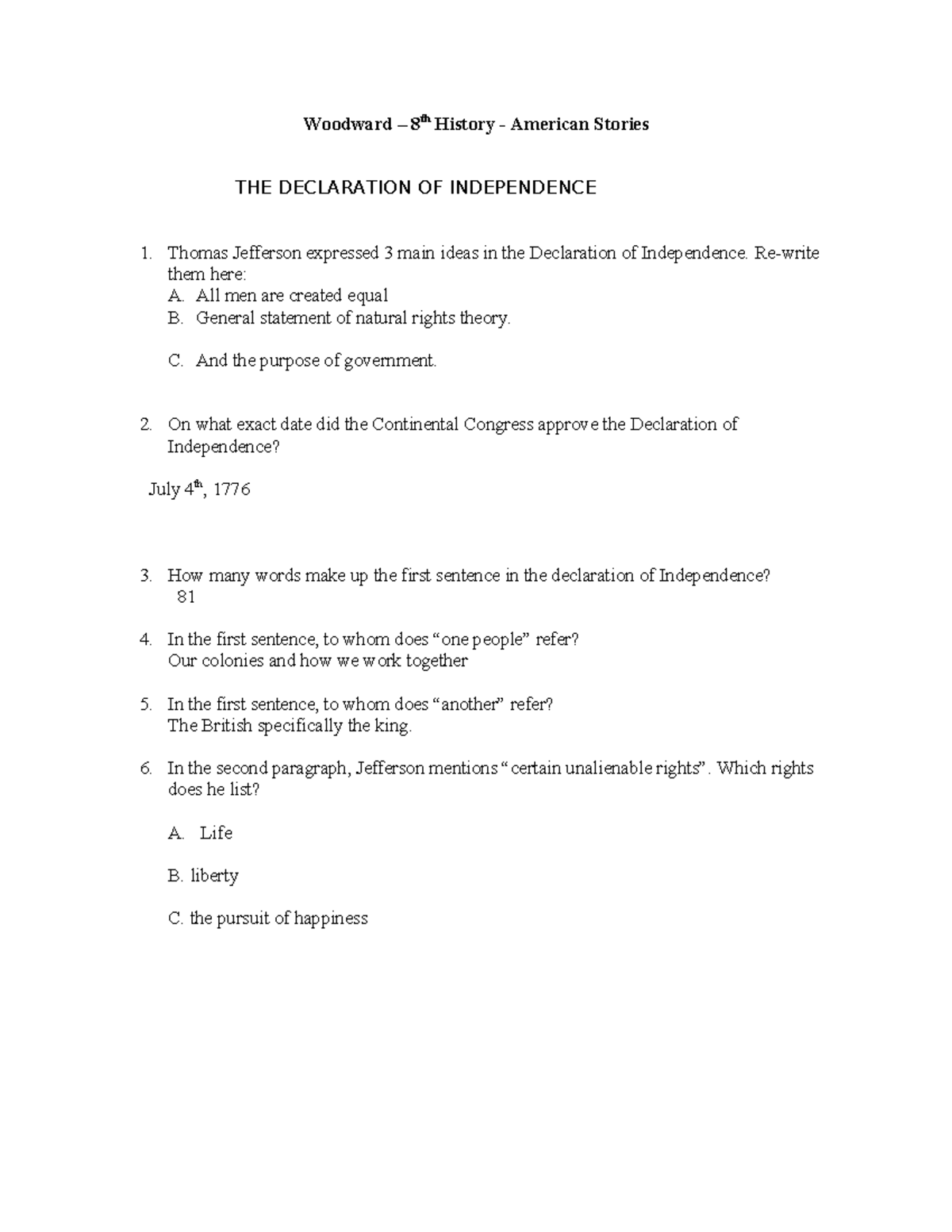 American Stories - Declaration of Independence Notes - Woodward – 8th ...