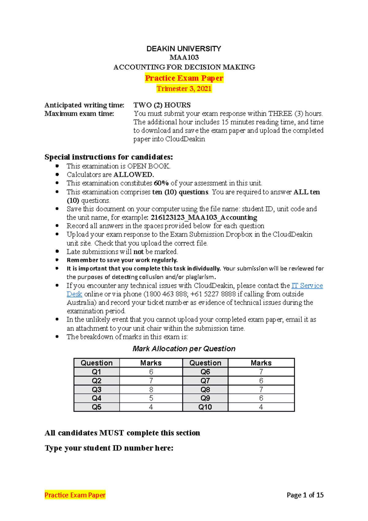 MAA103 T3 2019 Practice exam questions - DEAKIN UNIVERSITY MAA ...