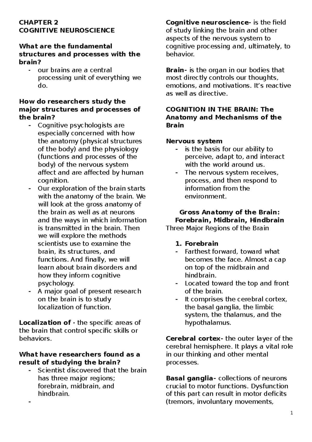 Cognitive Psych Notes - CHAPTER 2 COGNITIVE NEUROSCIENCE What are the ...