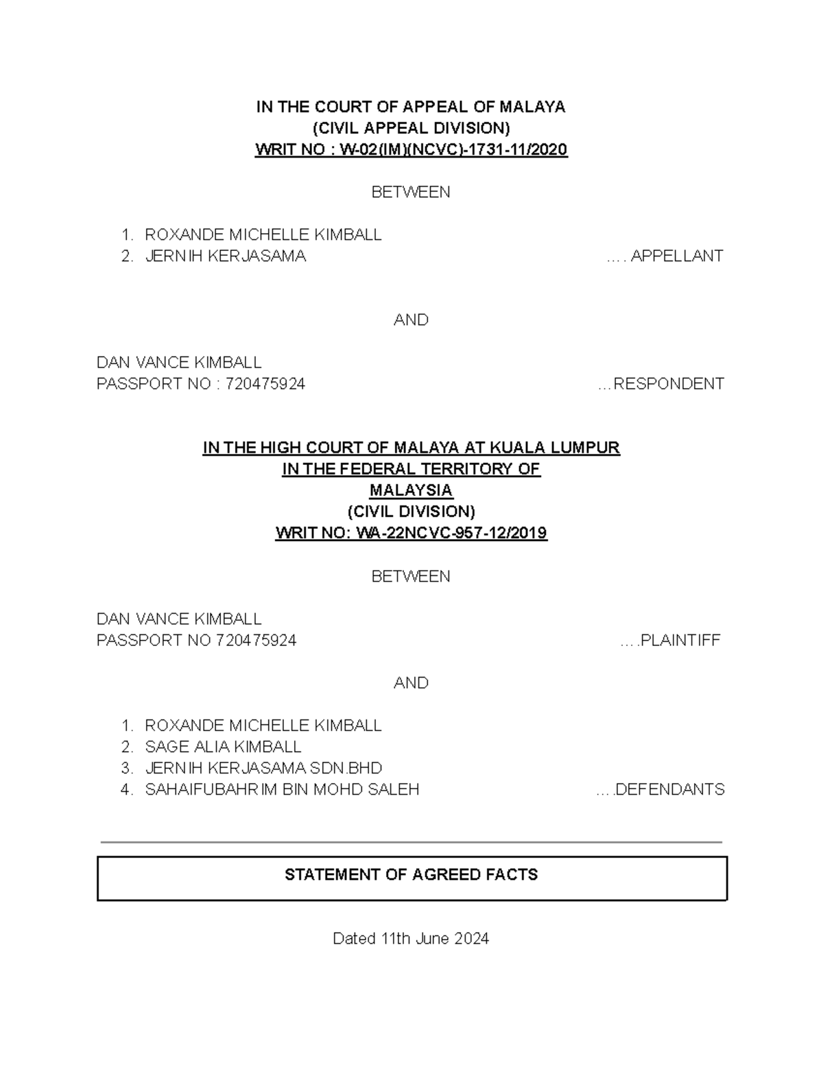 Example Statement OF Agreed Facts - IN THE COURT OF APPEAL OF MALAYA ...