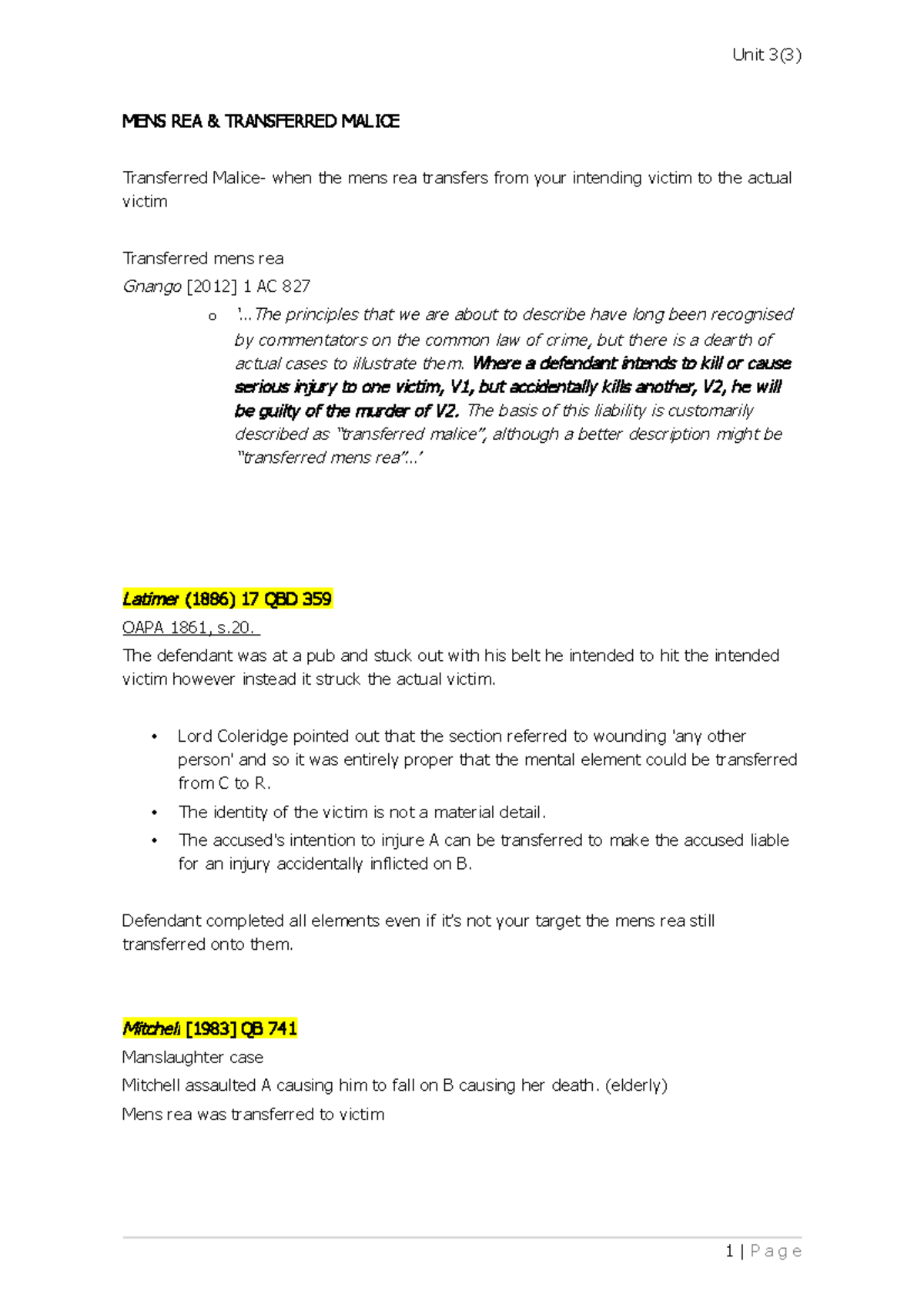 Mens Rea Transfered Malice - Unit 3(3) MENS REA & TRAN SFERRED MAL IC E ...