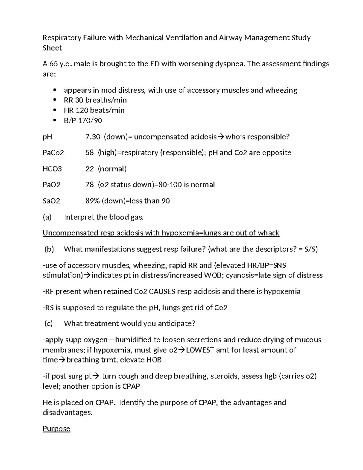 RF w: Mechanical Ventilation and Airway Management Study Sheet ...