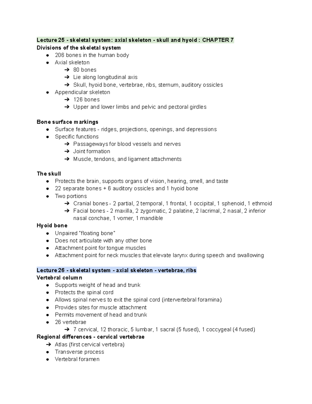 Lecture 25-30 - notes - Lecture 25 - skeletal system: axial skeleton ...