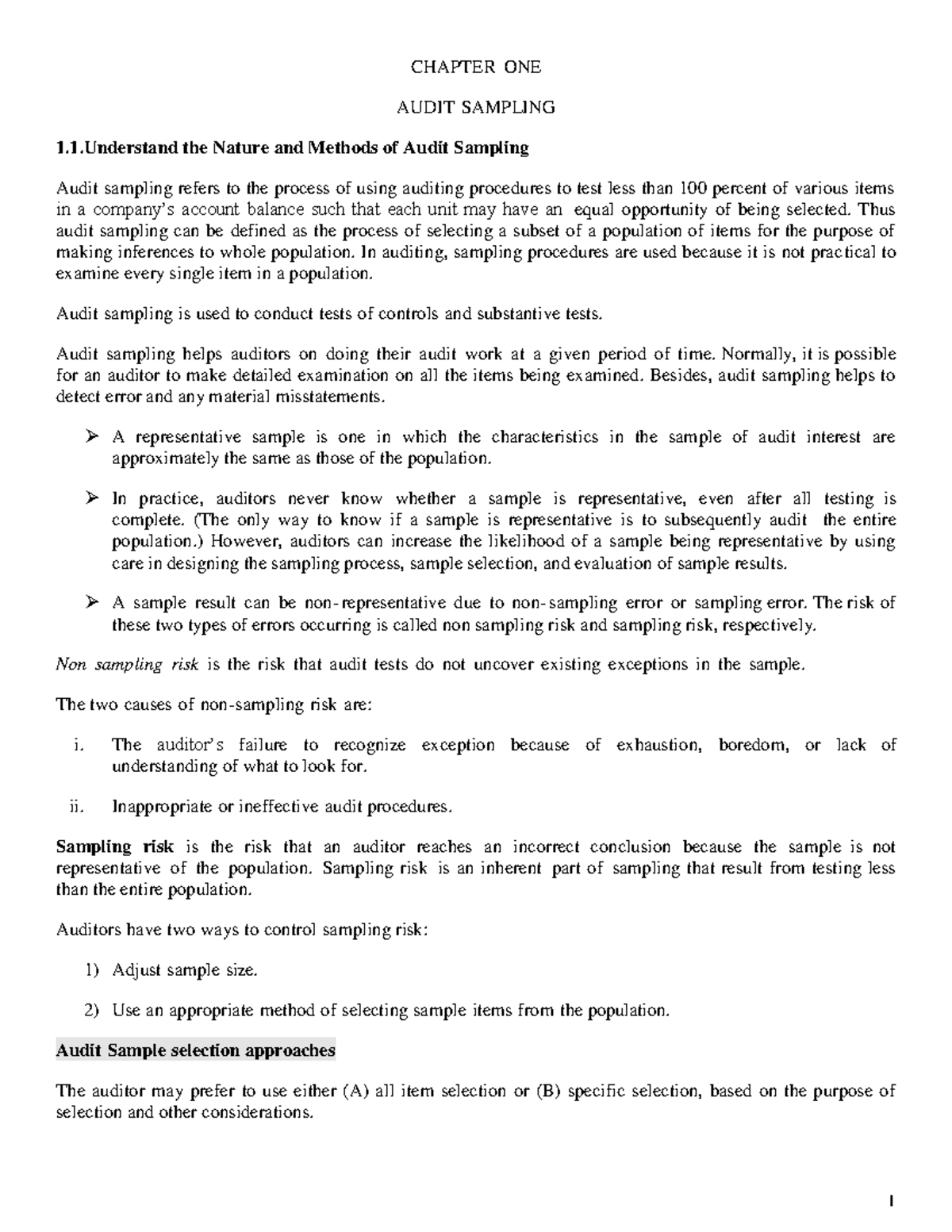Auditing II-Ch-One - cash audit - CHAPTER ONE AUDIT SAMPLING 1.1 the Nature and Methods of Audit ...