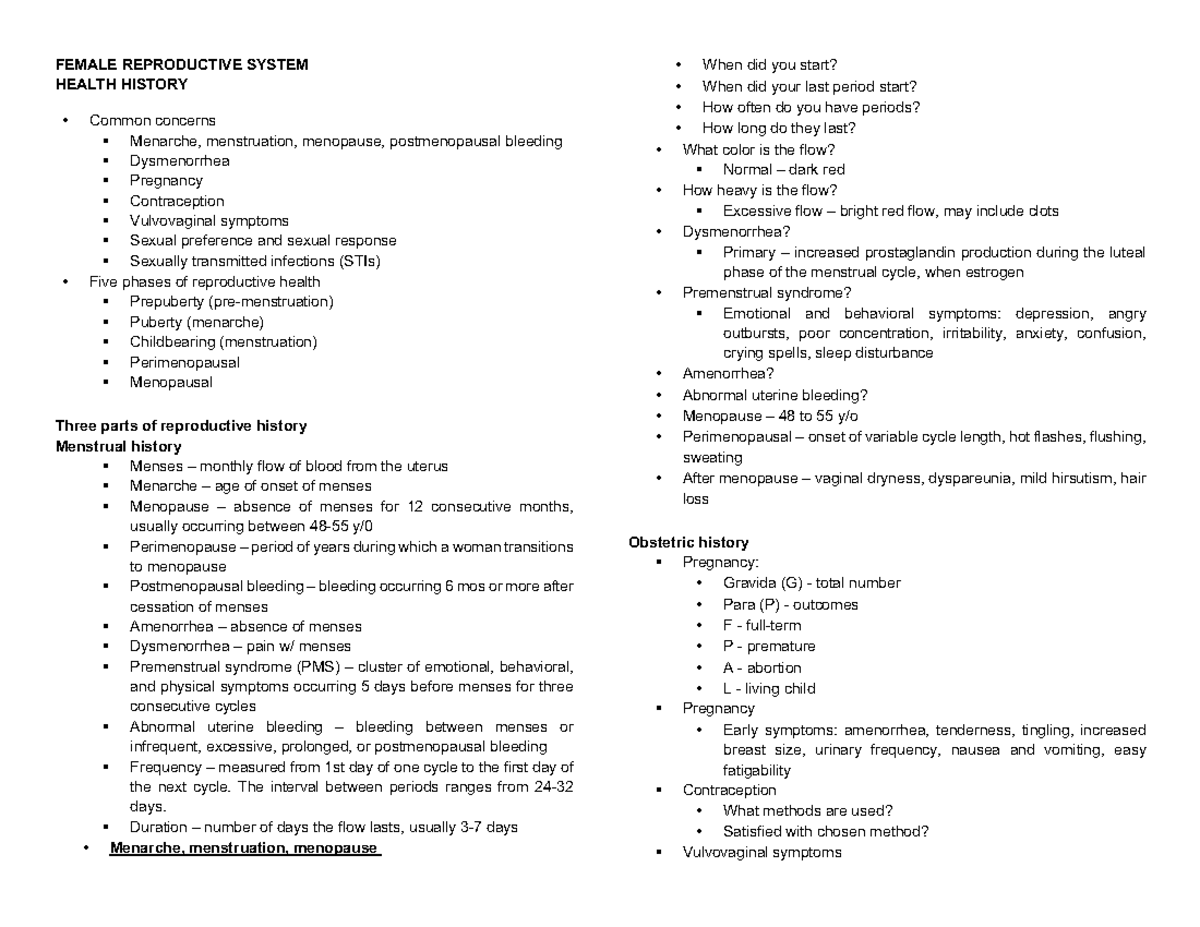 Female Reproductive System - FEMALE REPRODUCTIVE SYSTEM HEALTH HISTORY ...