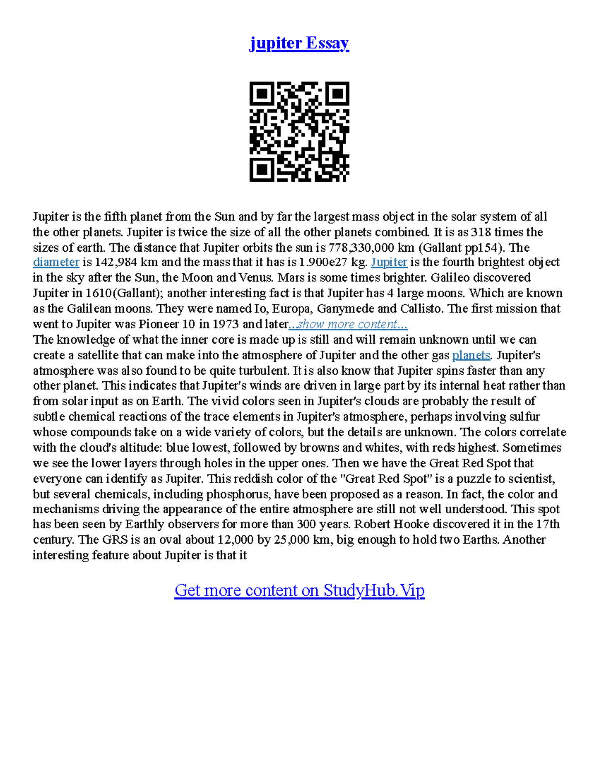 Explanatory Essay Samples - jupiter Essay Jupiter is the fifth planet ...