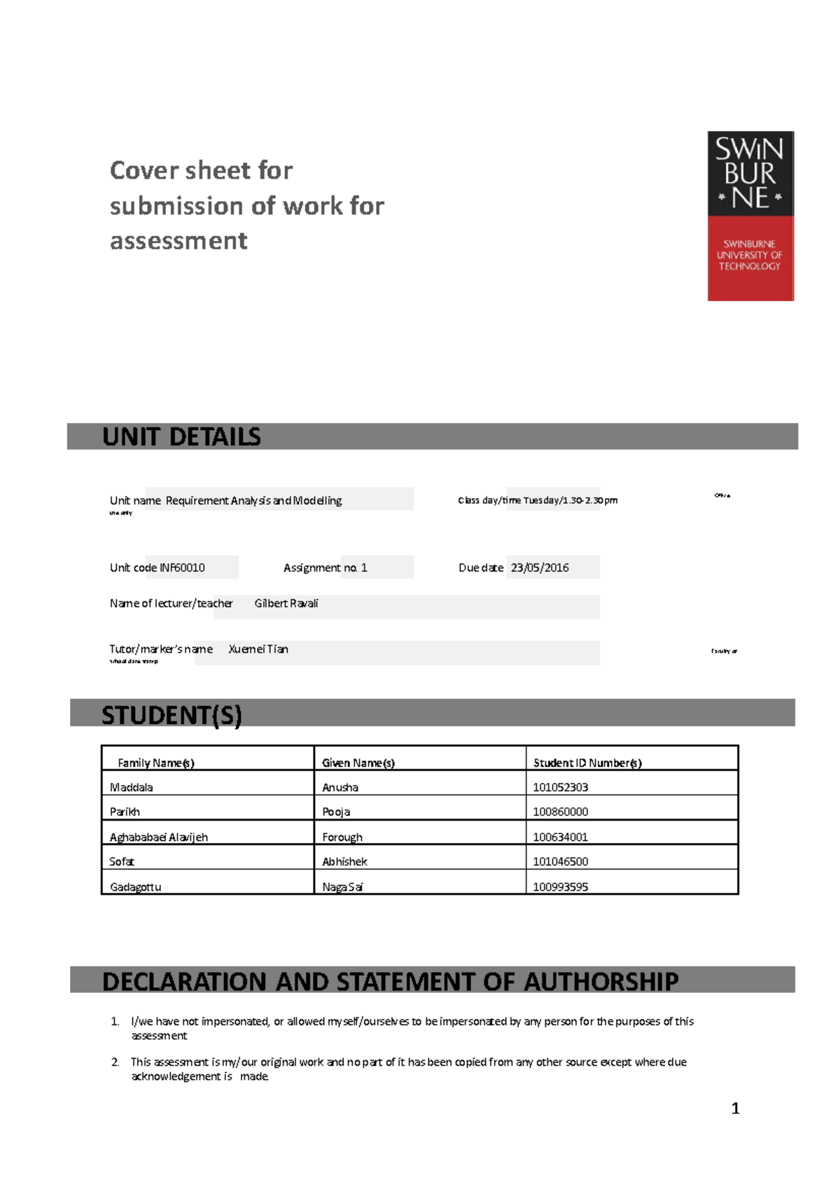 100993595 A1 Team1 Tuesday 1.30-2.301 (1) - Cover sheet for submission ...