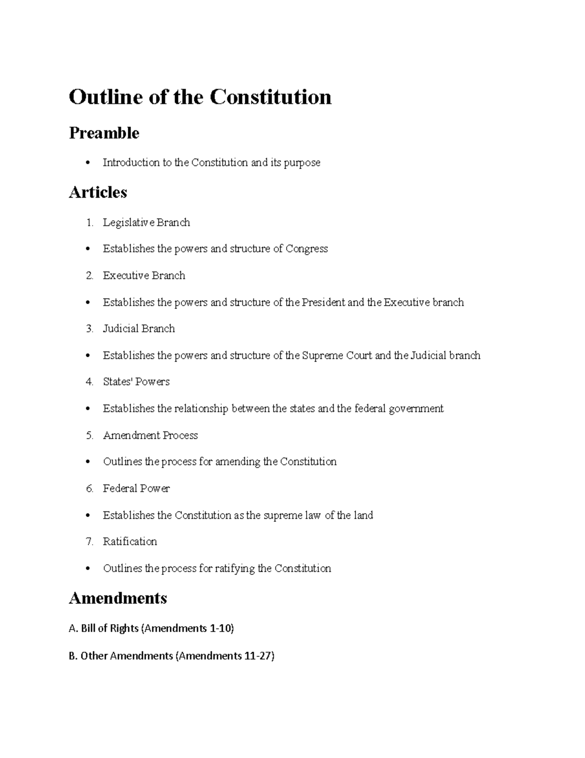 Outline of the Constitution - Outline of the Constitution Preamble ...