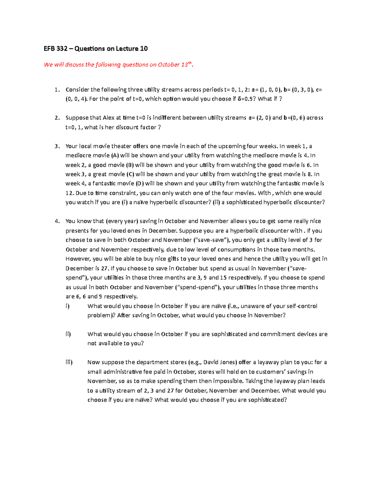 Lecture 10 Tutorial questions - EFB 332 – Questions on Lecture 10 We ...