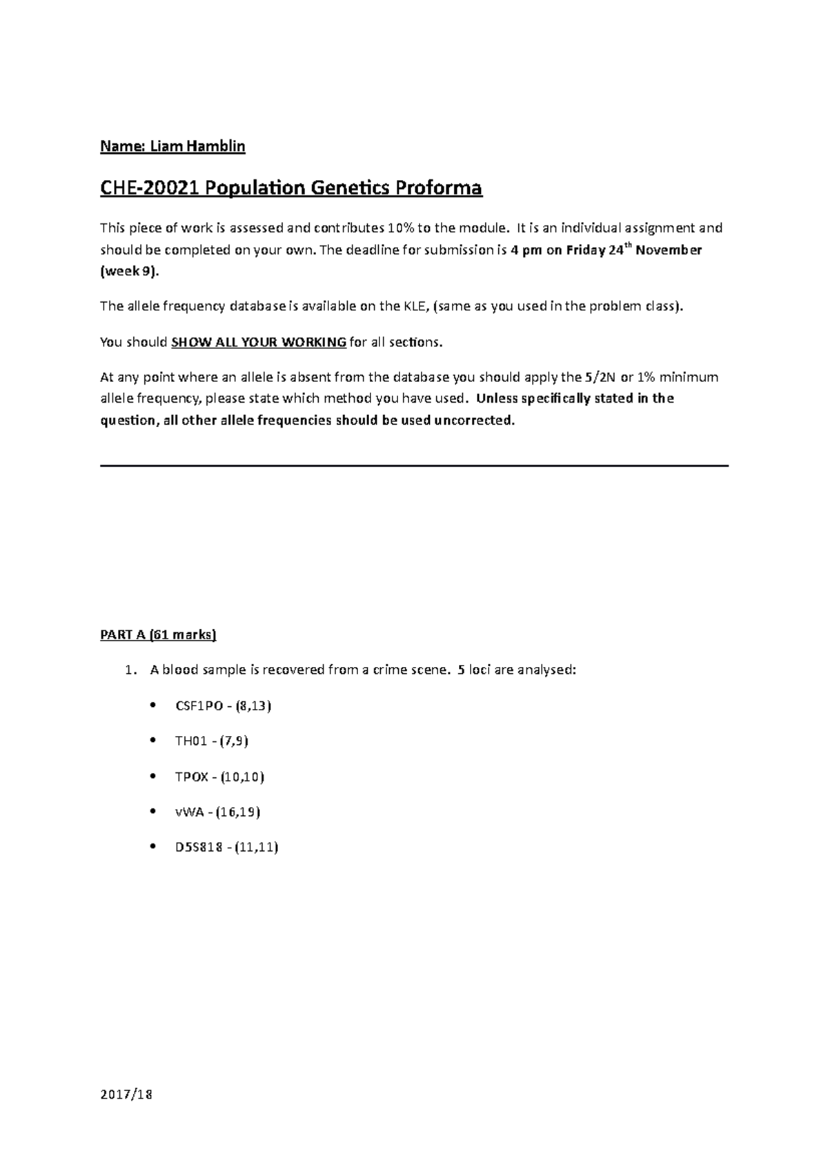 Population Genetics proforma 1 - Name: Liam Hamblin CHE-20021 ...