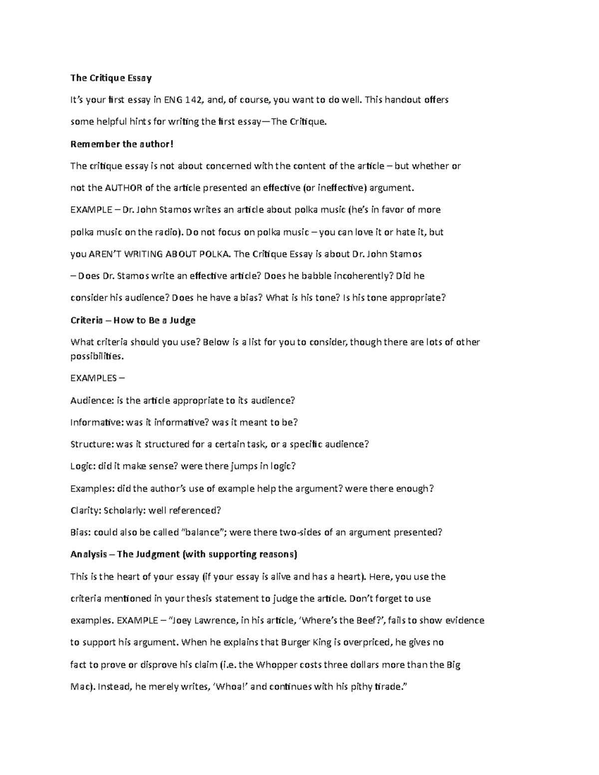 Critique Essay Tips - EASY - The Critique Essay It’s your first essay ...