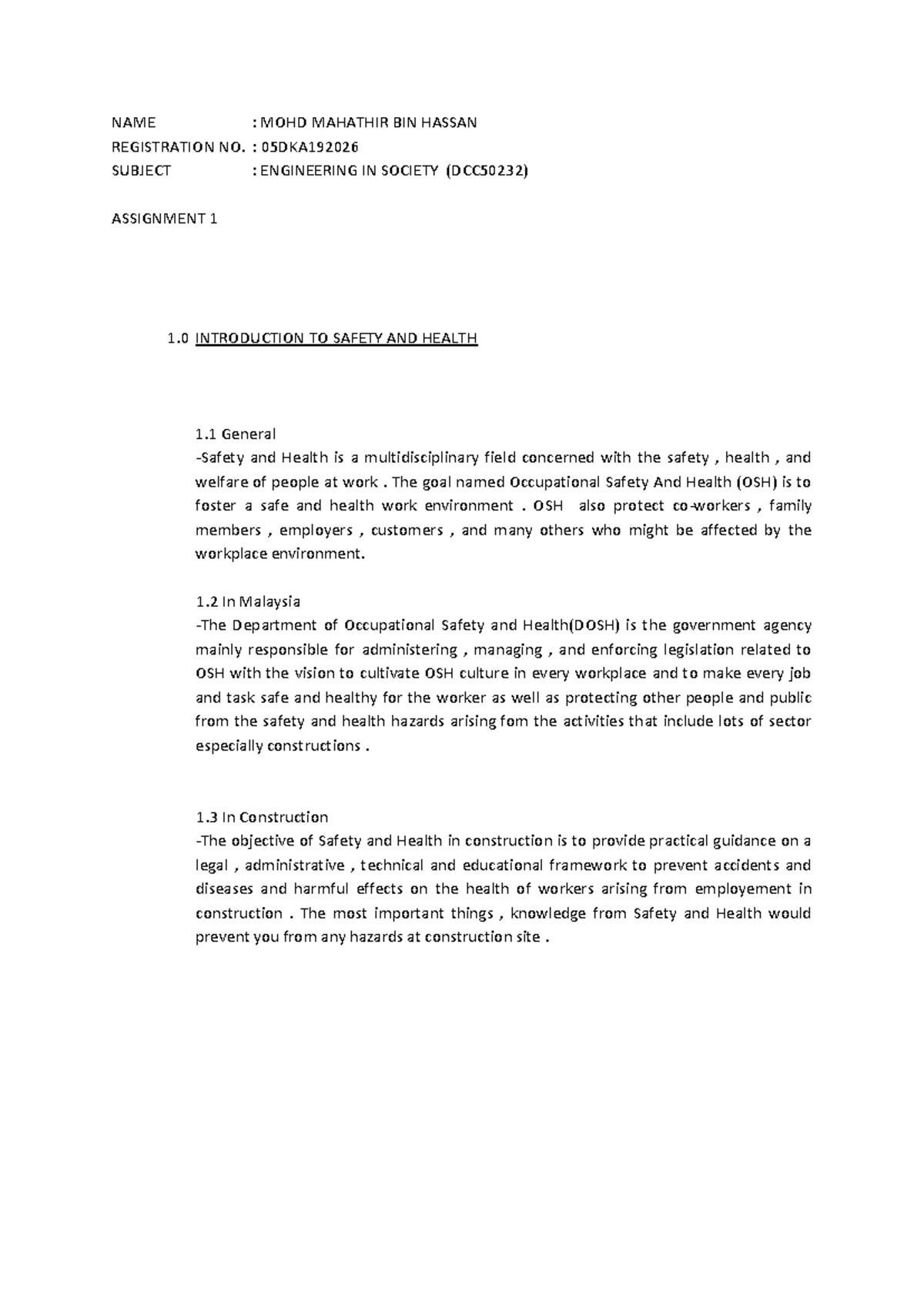MOHD Mahathir BIN Hassan (05DKA19F2026)-1 - NAME : MOHD MAHATHIR BIN HASSAN REGISTRATION NO ...