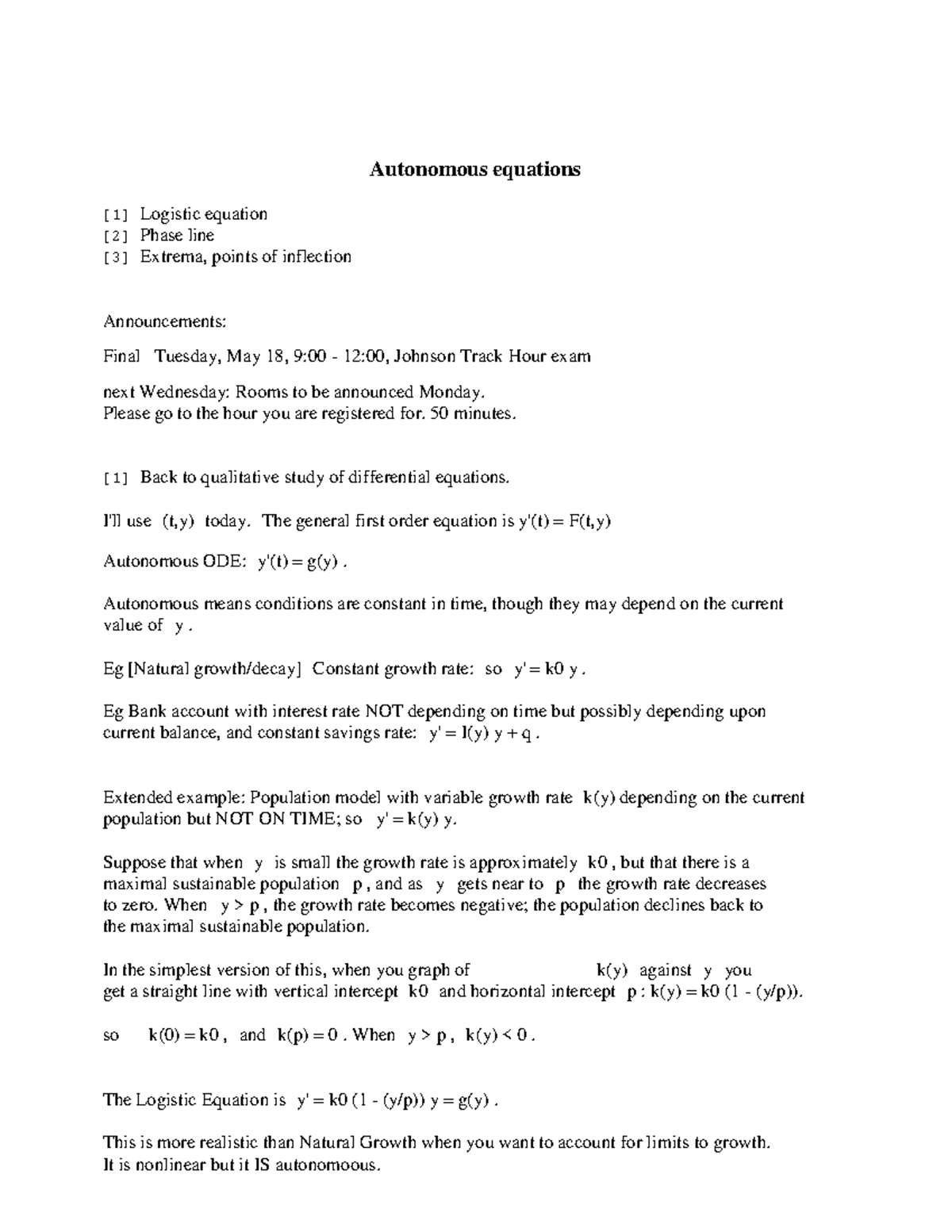 Autonomous equations; the phase line, stability - Autonomous equations ...