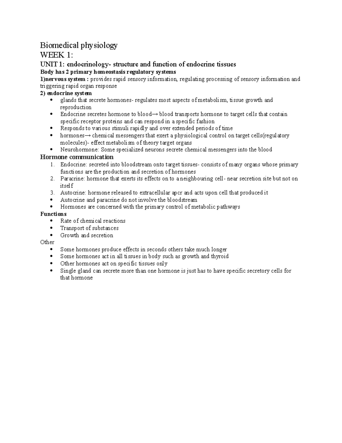 Biomedical physiology full notes - Biomedical physiology WEEK 1: UNIT 1 ...
