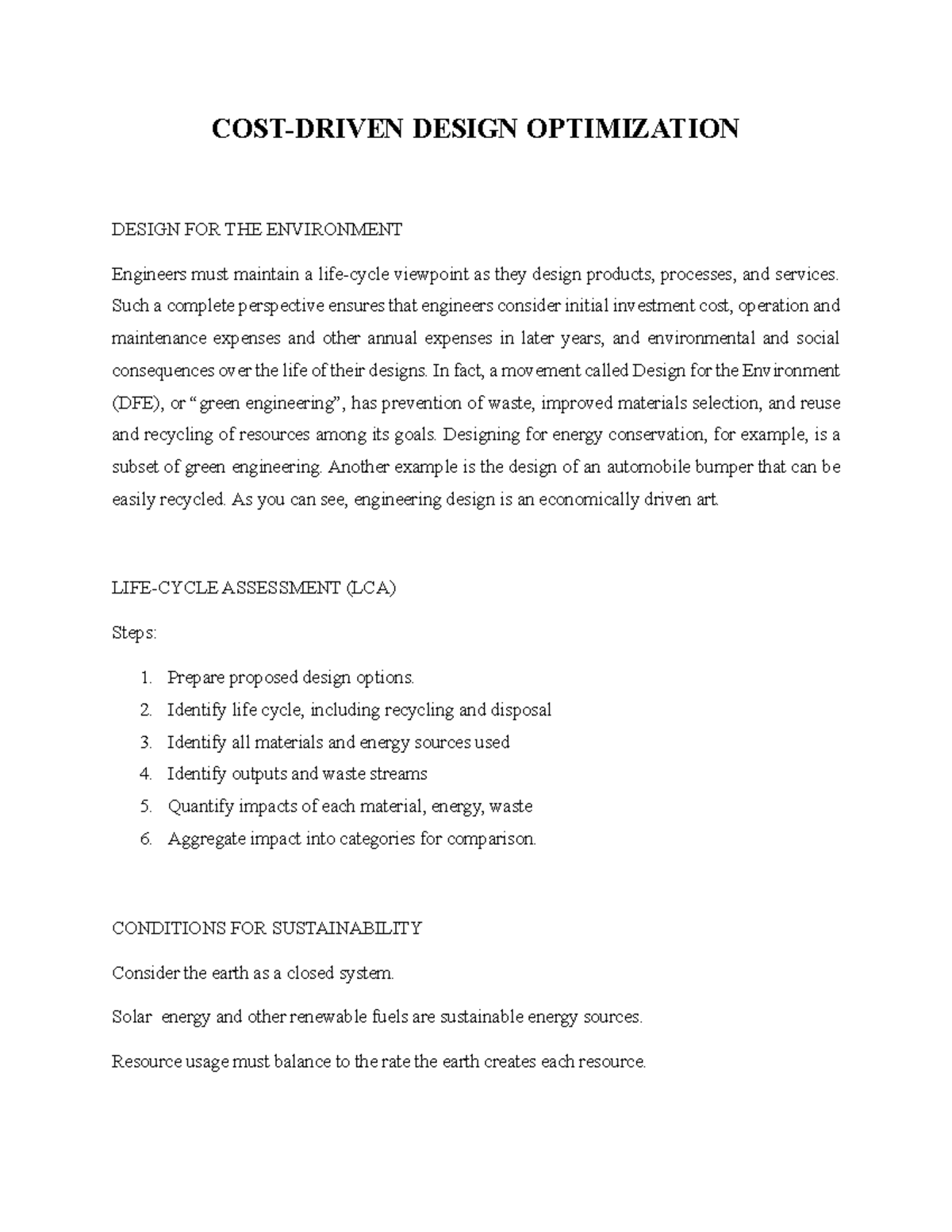 Cost Driven Optimization - COST-DRIVEN DESIGN OPTIMIZATION DESIGN FOR THE ENVIRONMENT Engineers ...