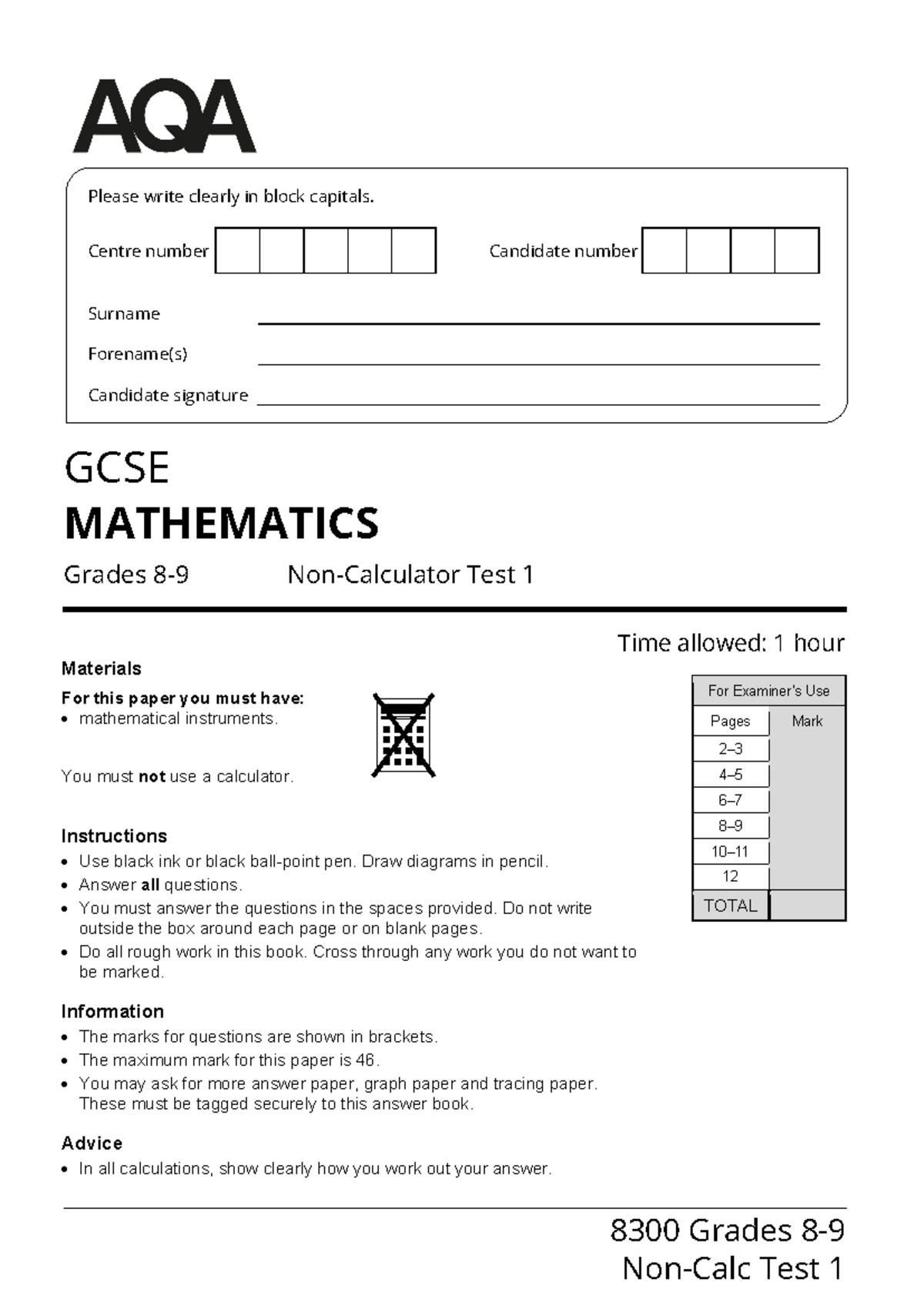 Grades 8 9 non calculator test 1 question paper - 8300 Grades 8 - 9 Non ...