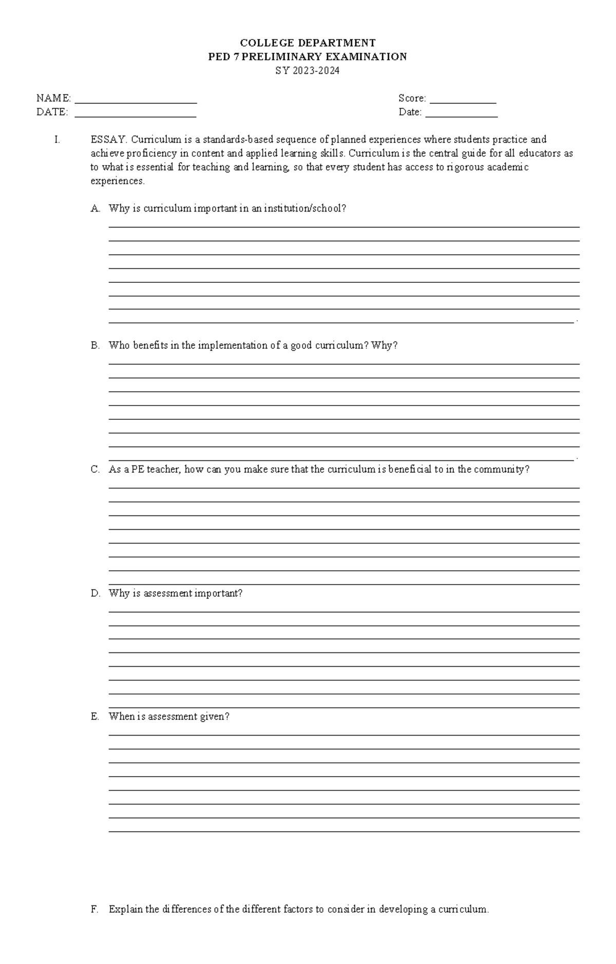 2ND SEM PED 7 Prelim EXAM - COLLEGE DEPARTMENT PED 7 PRELIMINARY ...