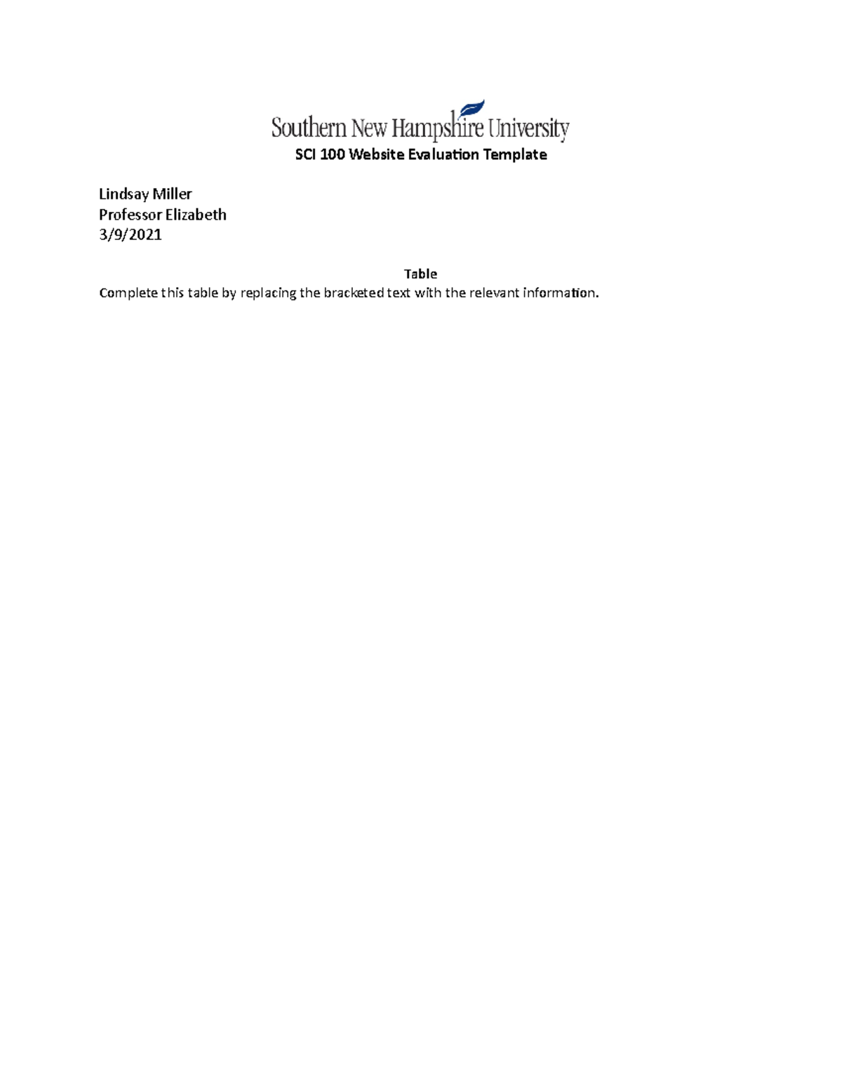 SCI 100 Website Evaluation Template - SCI 100 Website Evaluation Template Lindsay Miller ...