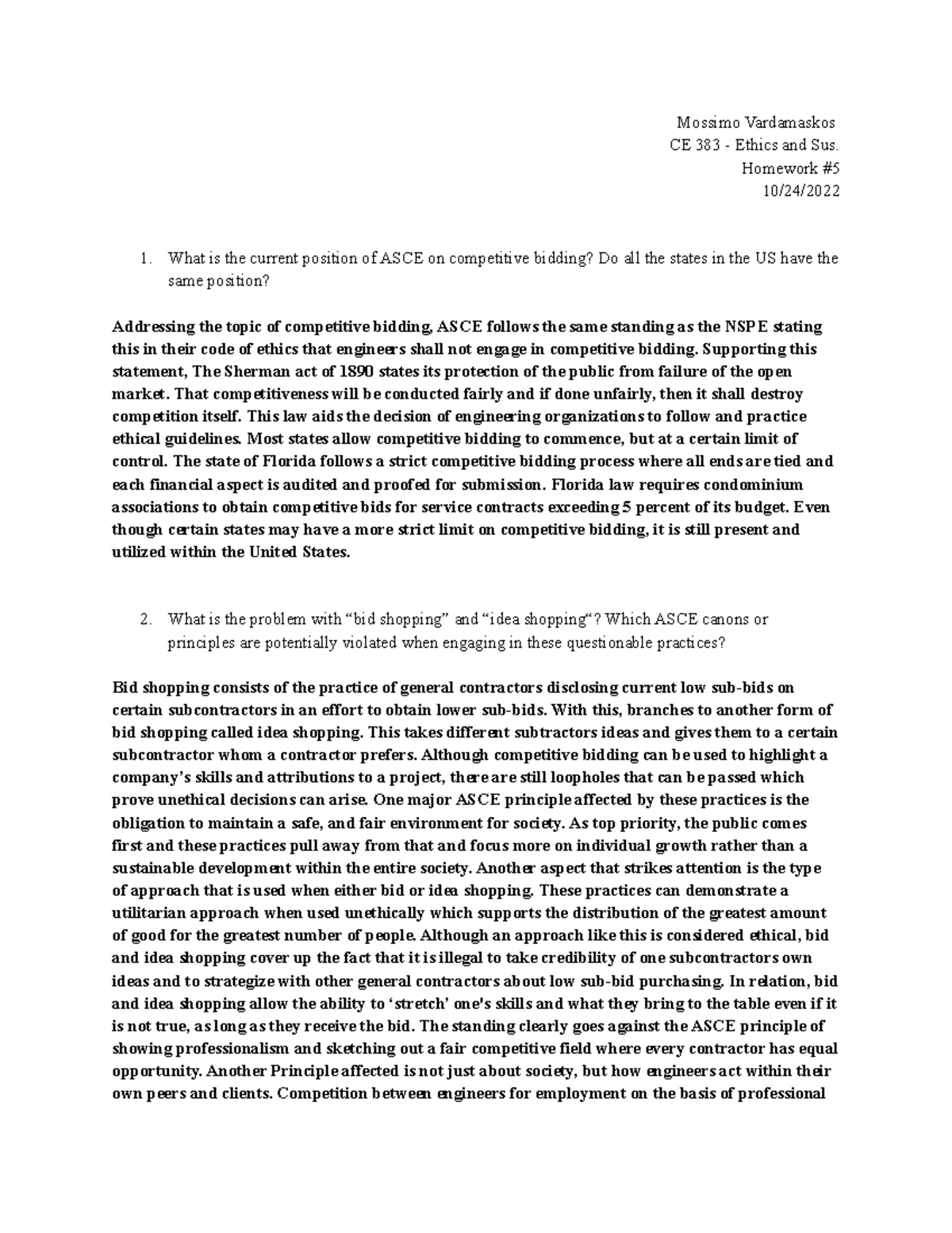 CE 383 - Homework #5 - Mossimo Vardamaskos CE 383 - Ethics and Sus ...