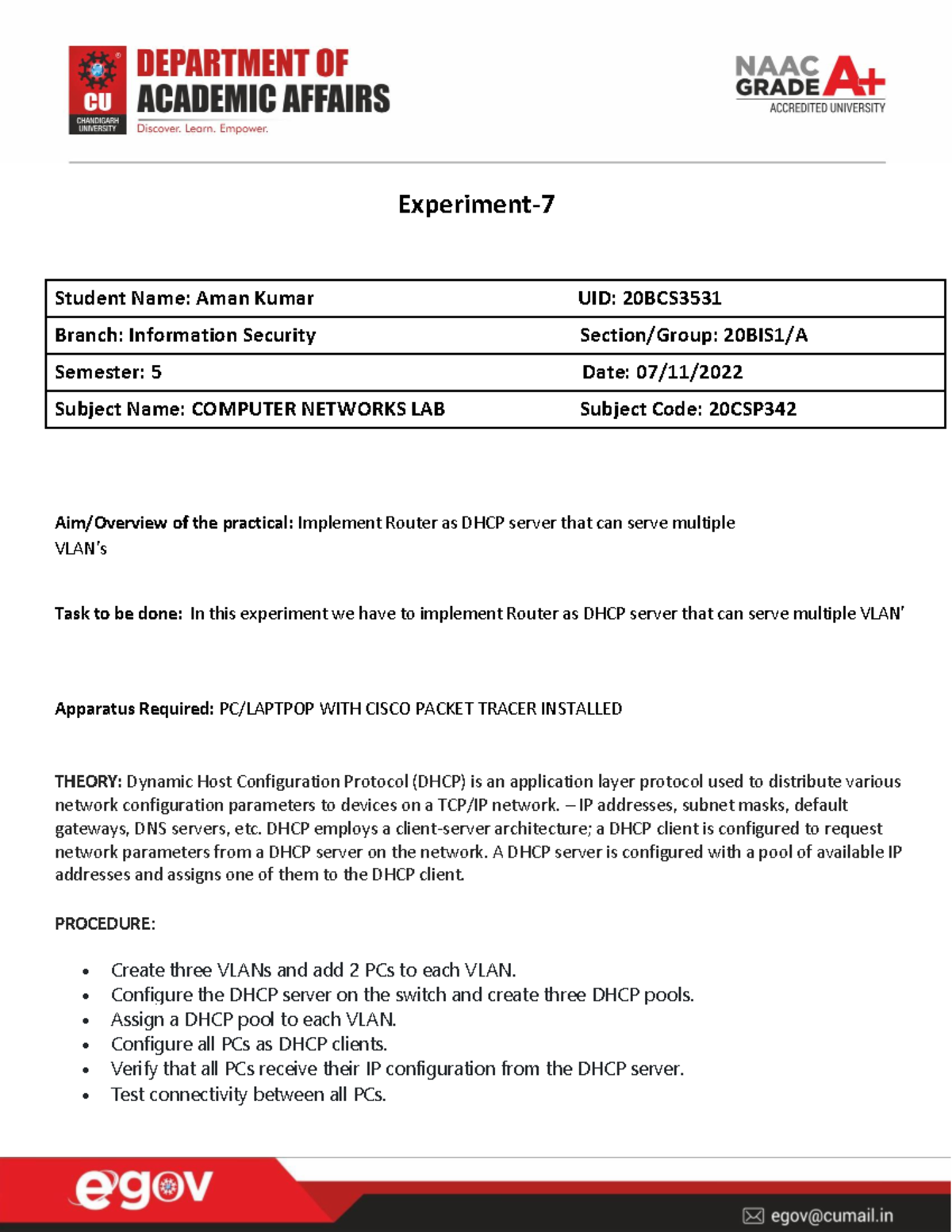 20BCS3531 CN 7 - Worksheet - Experiment- Aim/Overview of the practical ...