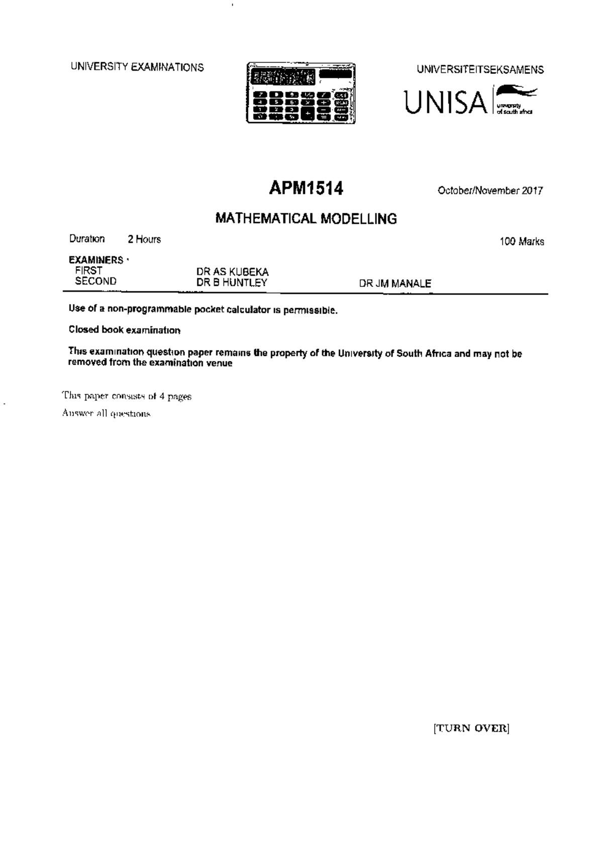 APM1514 2017 10 E 1 - Mathematical Modelling 2017 November Exam ...