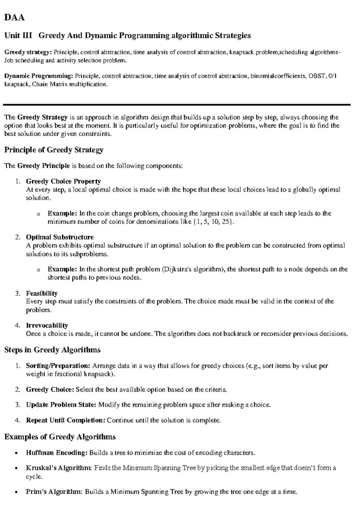DAA - This are notes of DAA for END SEM - DAA Unit III Greedy And ...