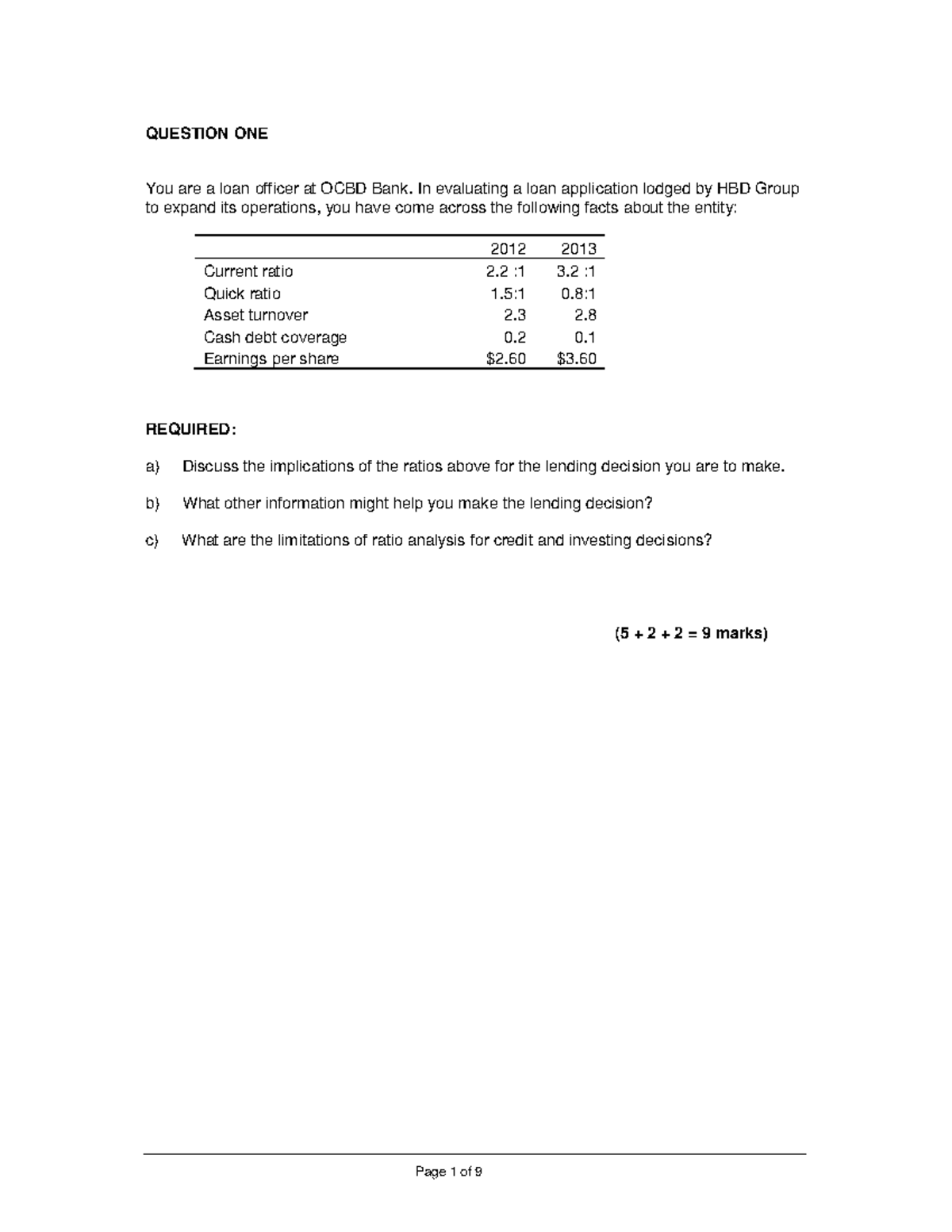 Exam 2014, questions - QUESTION ONE You are a loan officer at OCBD Bank ...
