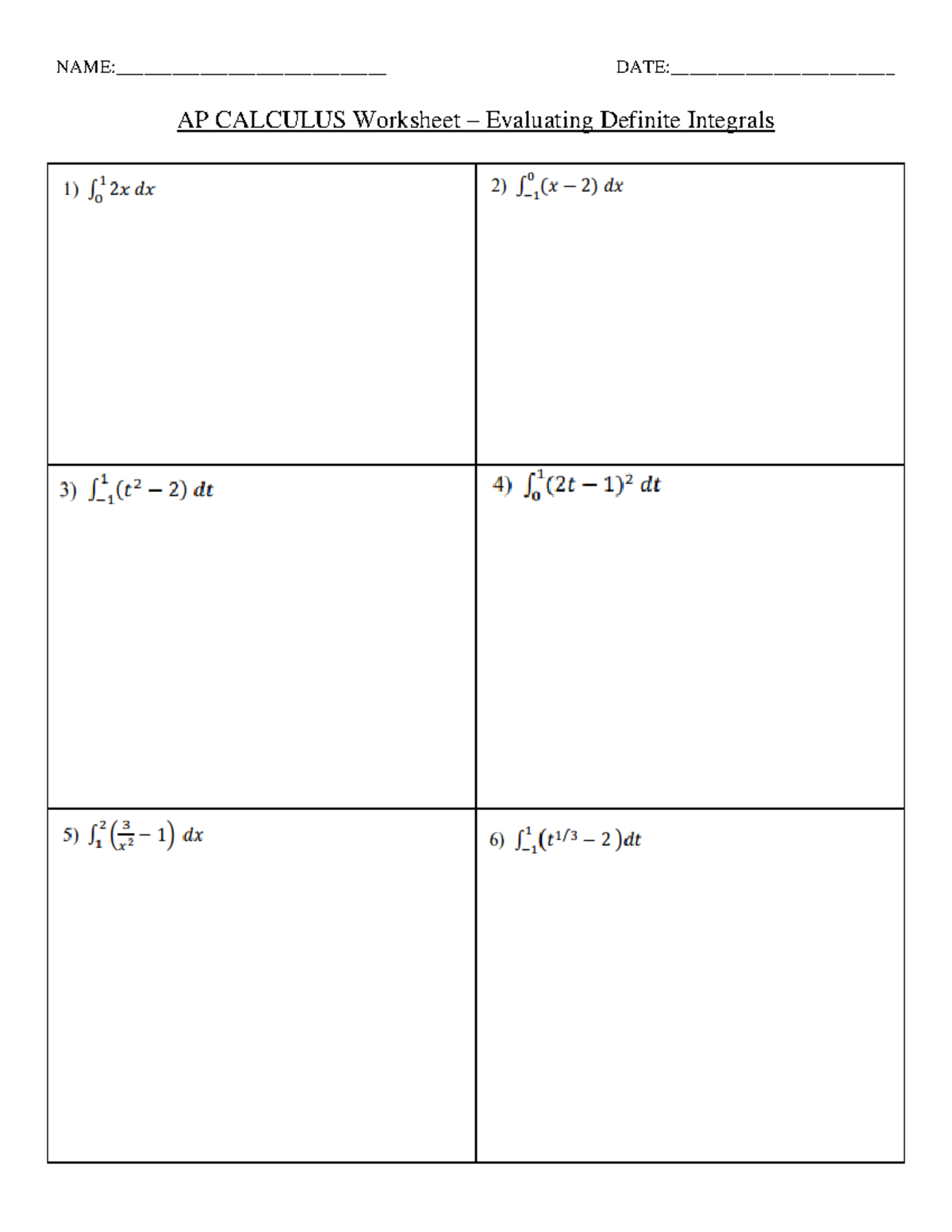 Worksheet - definite integrals - MATH 134 - NAME ...