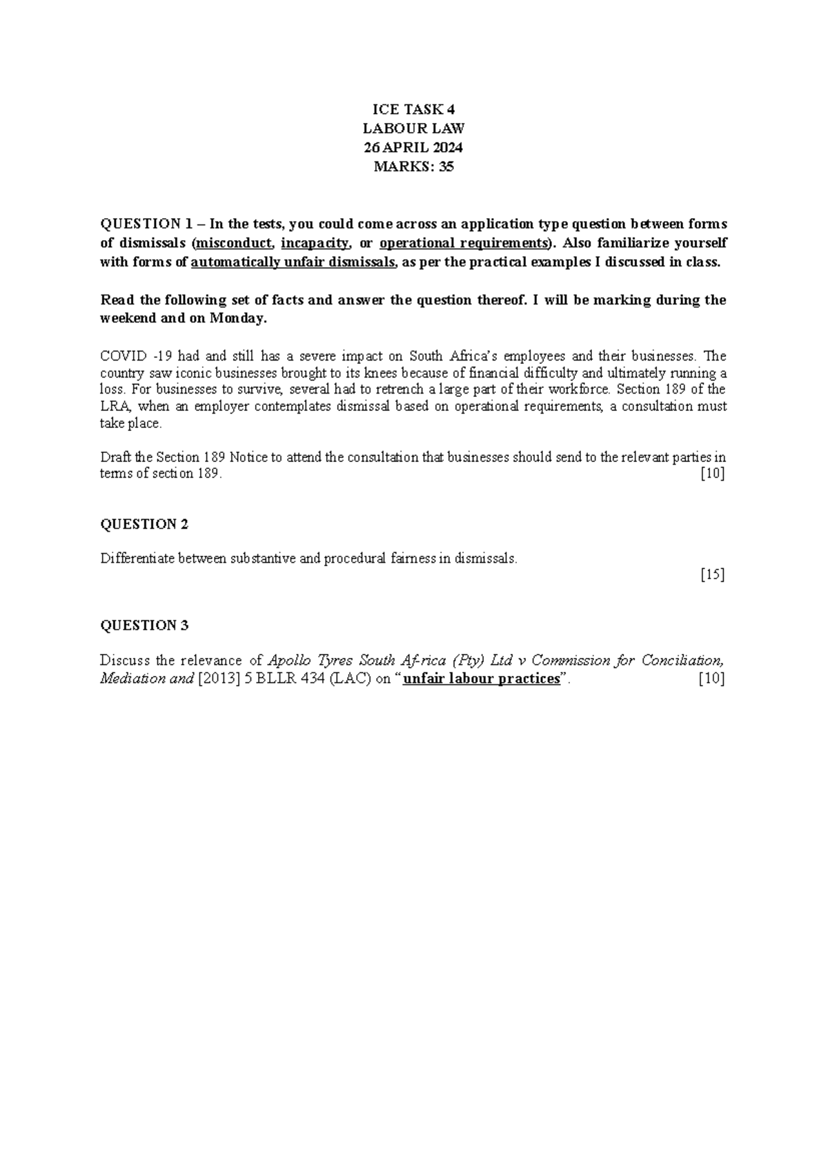 ICE TASK 4 - practice material - ICE TASK 4 LABOUR LAW 26 APRIL 2024 ...