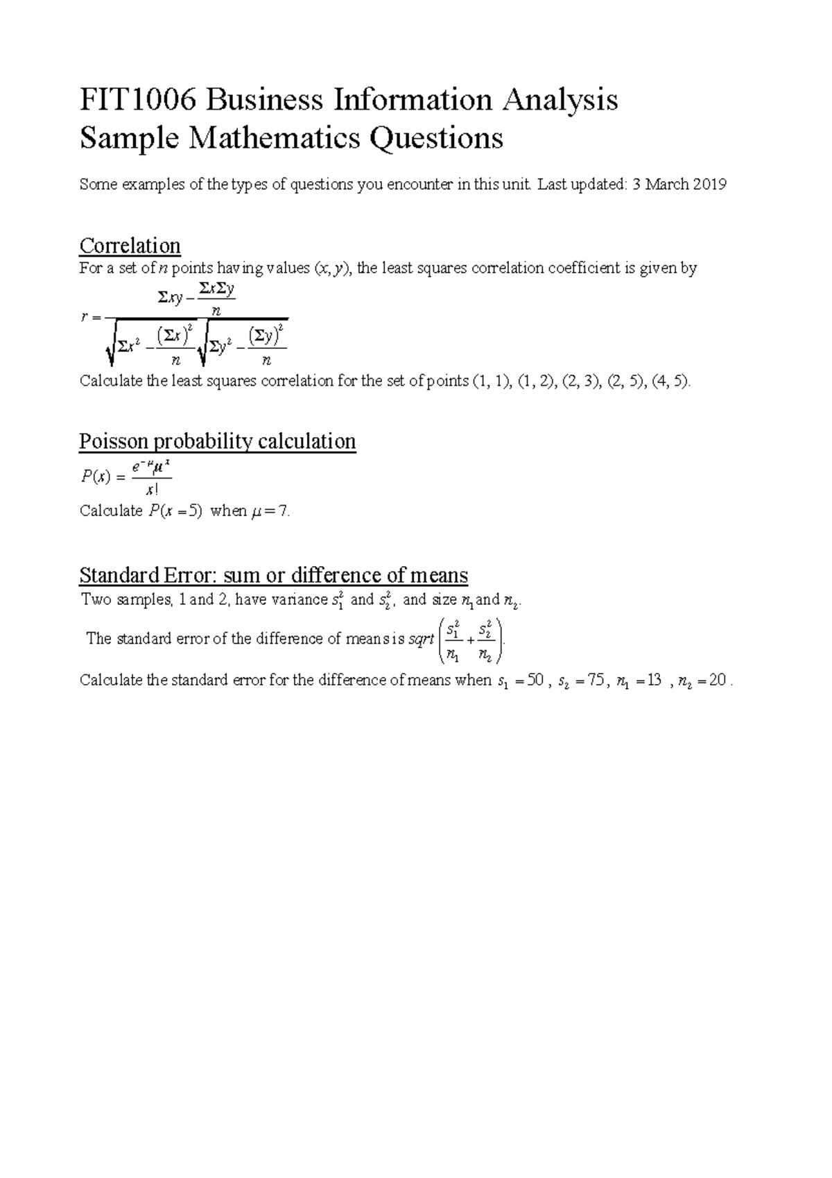 FIT1006 Sample Mathematics Questions FIT1006 Business Information