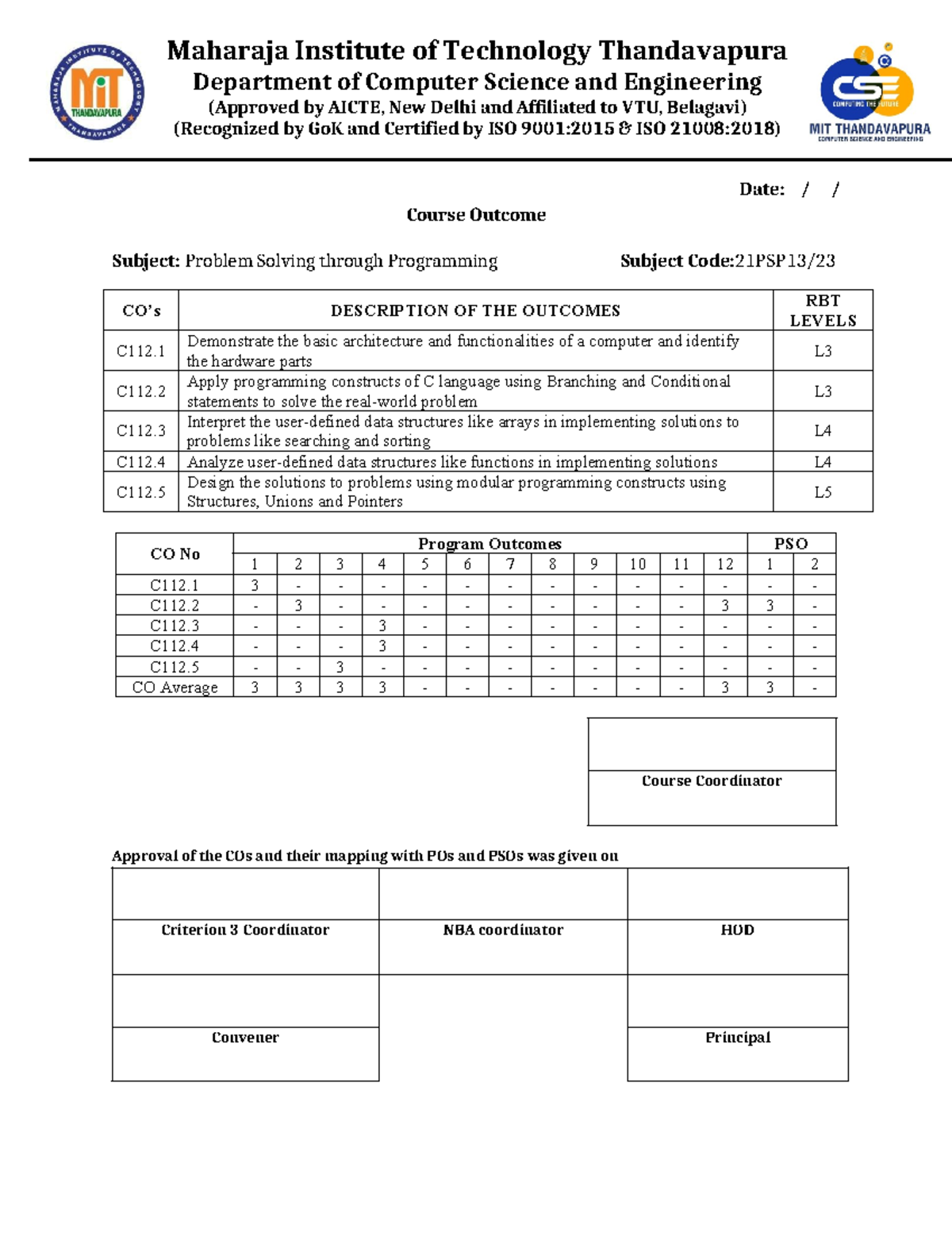 1. CO-PO Approval - Summary Computer Science and Engineering - Maharaja ...