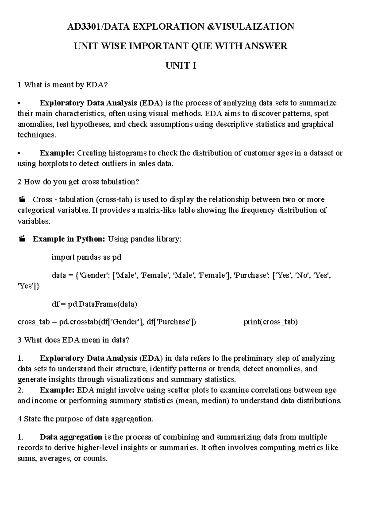 DEV UTW2 Marks - Excellent - AD3301/DATA EXPLORATION &VISULAIZATION UNIT WISE IMPORTANT QUE WITH ...