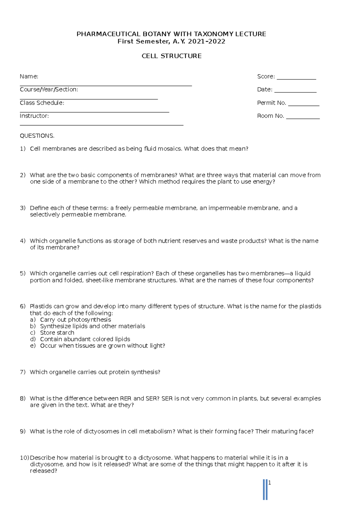 Phbiosci 1A-R - Activity #1 - CELL Structure (1st Sem., A.Y. 2021-2022 ...