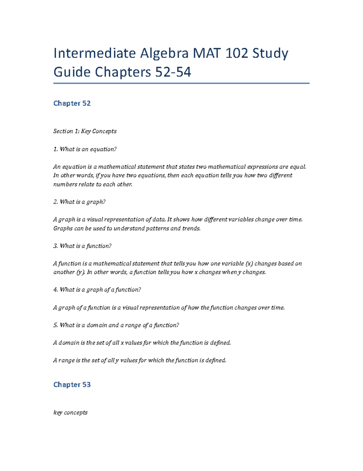 Intermediate Algebra MAT 102 Study Guide Chapters 52-54 - Intermediate ...