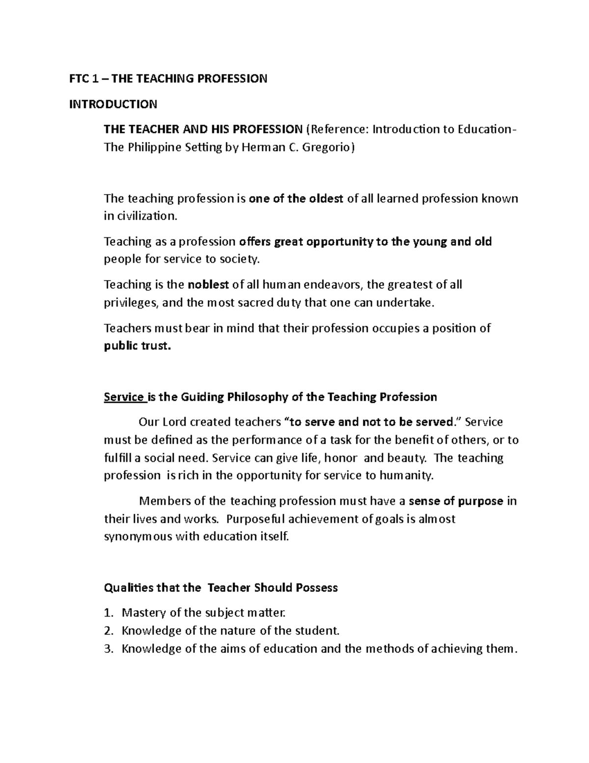 FTC 1-The Teaching Profession - Lecture 1 - FTC 1 – THE TEACHING ...