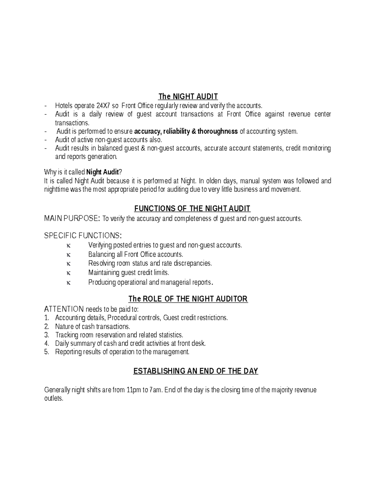 2nd Yr(FO)Night Audit - The NIGHT AUDIT Hotels operate 24X7 so Front ...