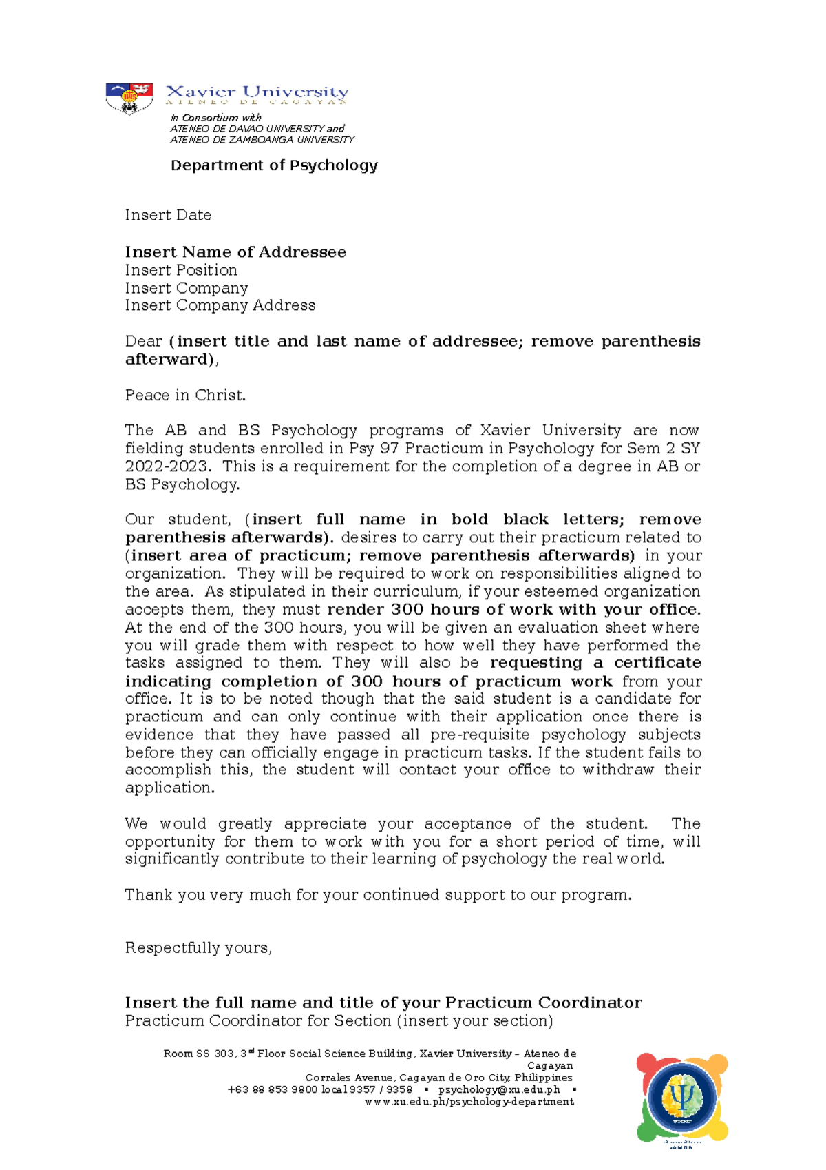 Psy 97 Letter of Endorsement - Insert Date Insert Name of Addressee ...